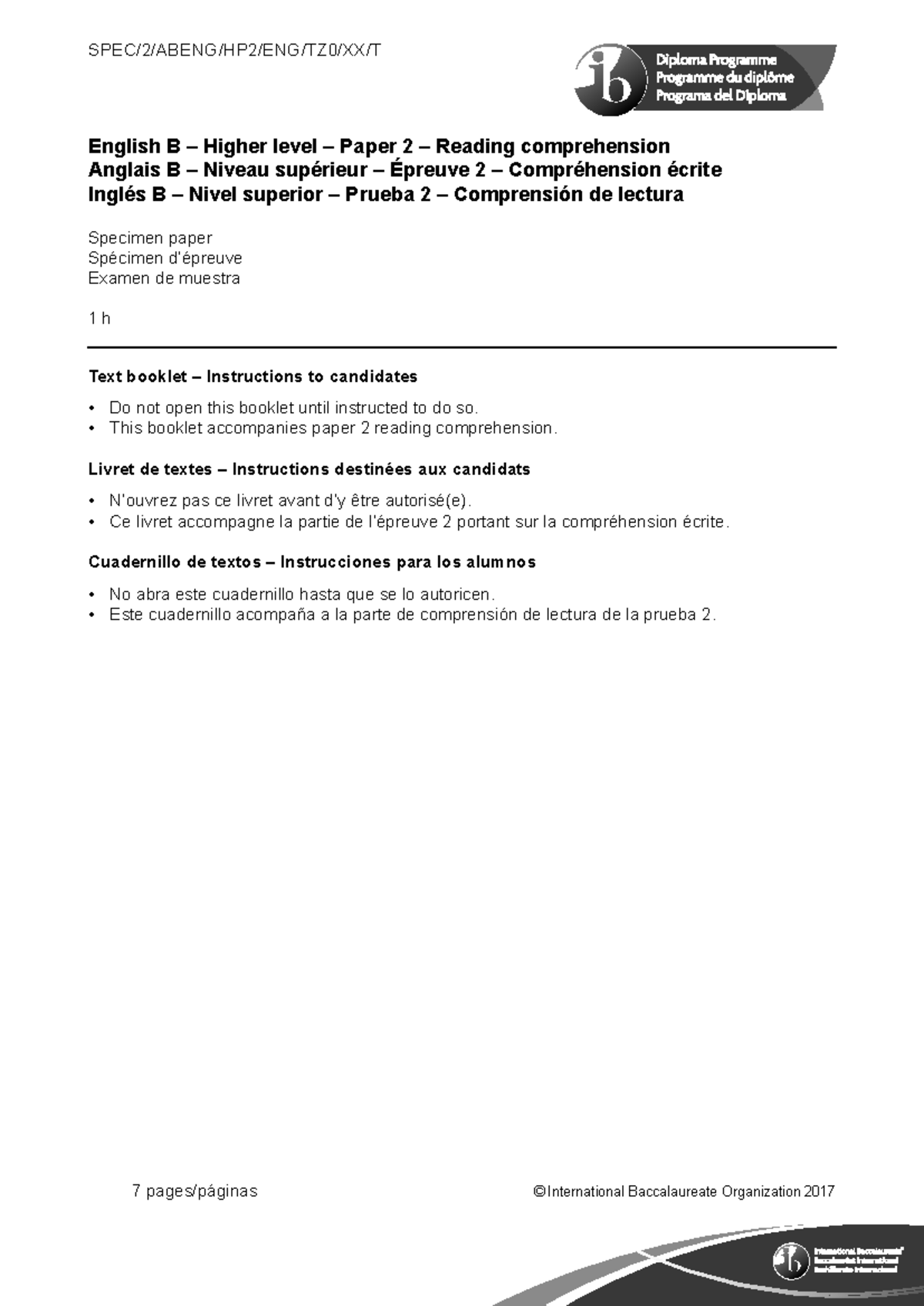 IB Eng B HL Paper 2 Text - It is for taking notes. - Text booklet ...