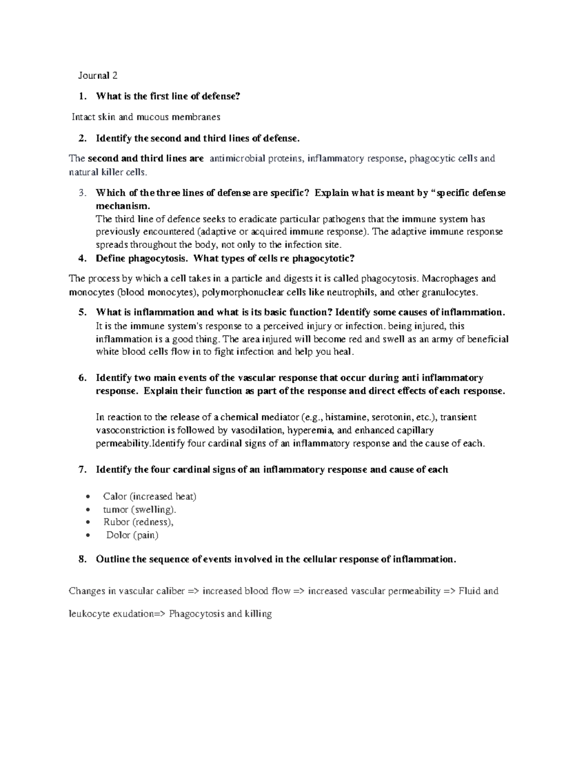 Journal #2 Inflamation and Infection - Journal 2 What is the first line ...