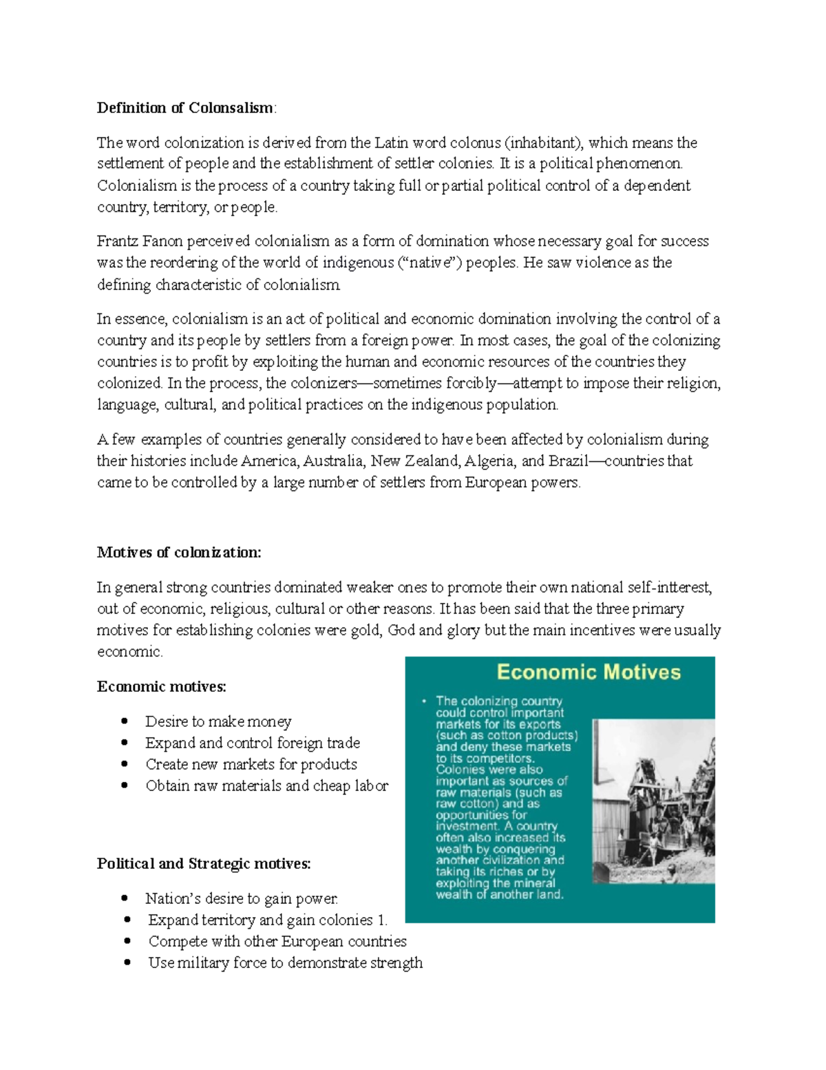 Colonsalism - class lecture - Definition of Colonsalism: The word ...