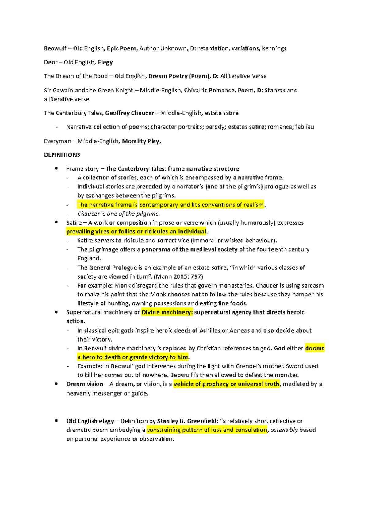 TEST1 Recap - Summary History of British Literature - Beowulf Old ...