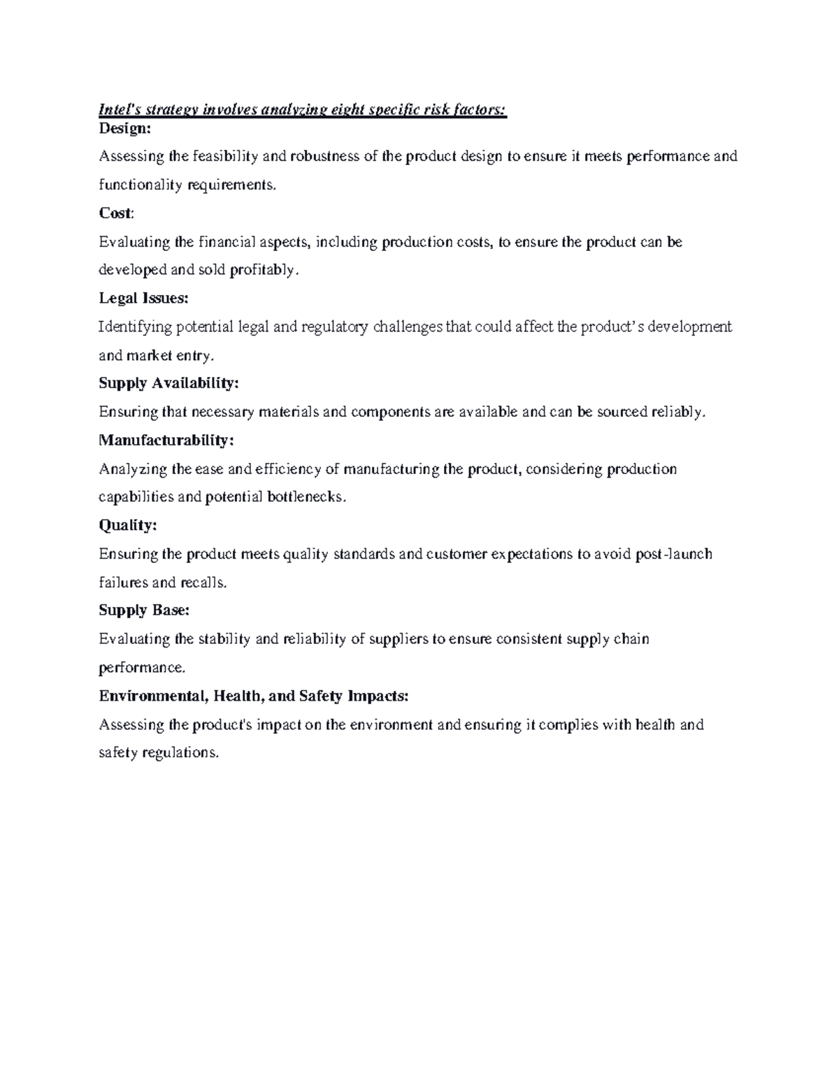 Mgt 340 final - practice material. - Intel's strategy involves analyzing eight specific risk ...