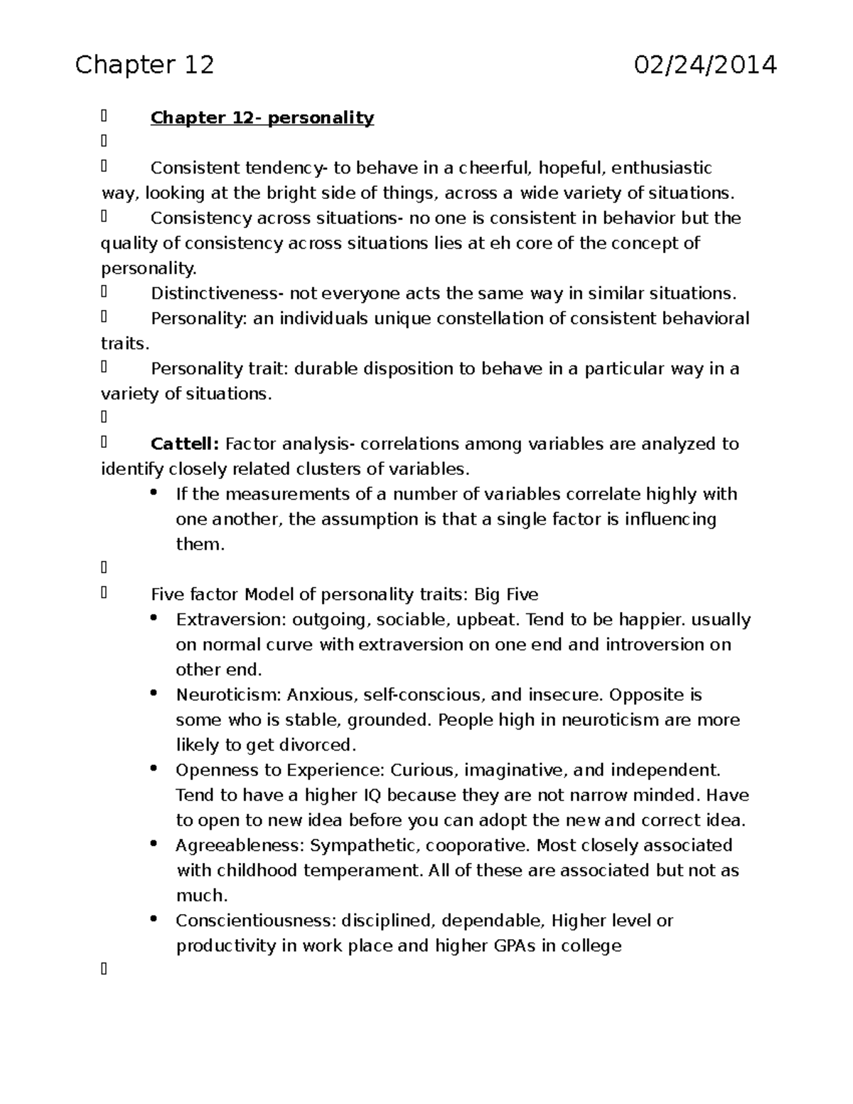 Psych 203 Final Study Guide - Chapter 12 02/24/ Chapter 12- personality Consistent tendency ...