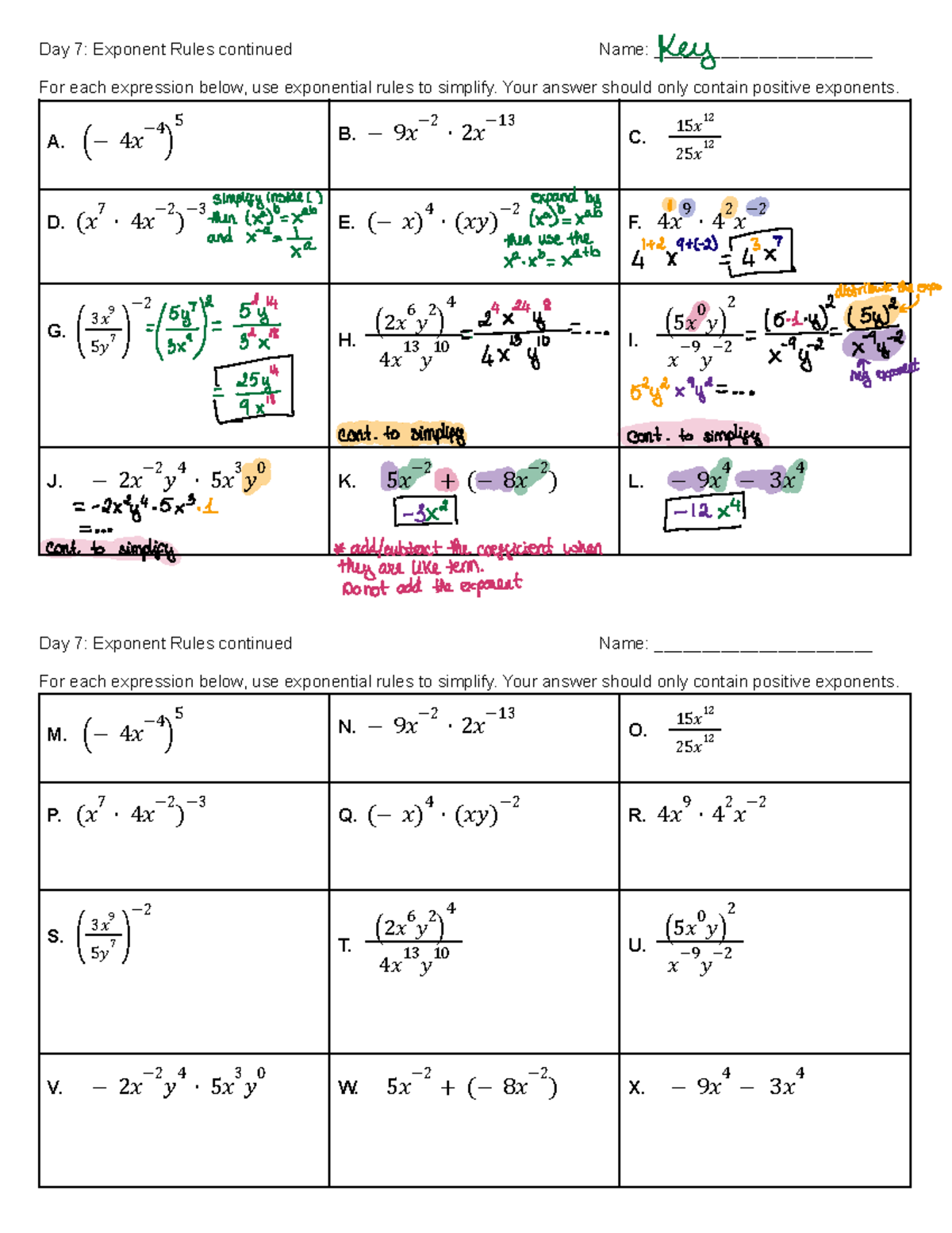 Key Day 7 HW Exponent Rules Continued - Day 7 : Exponent Rules ...