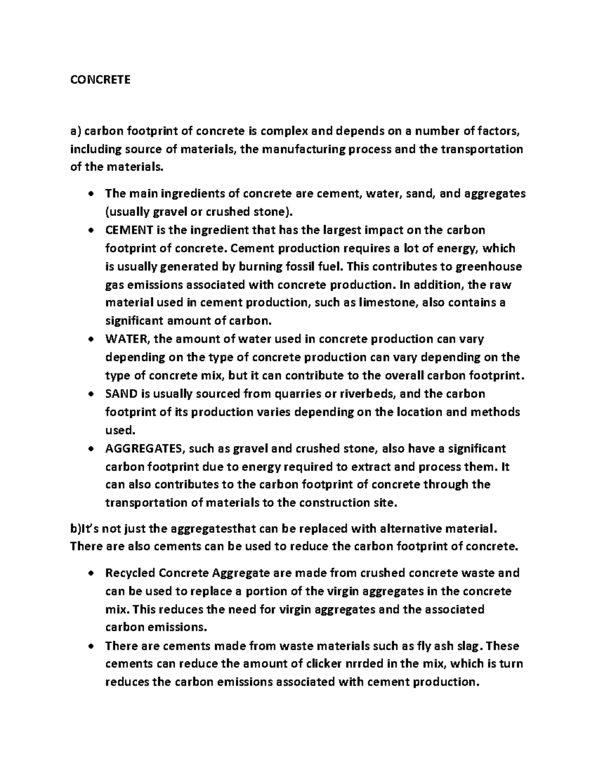 Concrete - Summary Construction Technology 2 - CONCRETE a) carbon ...