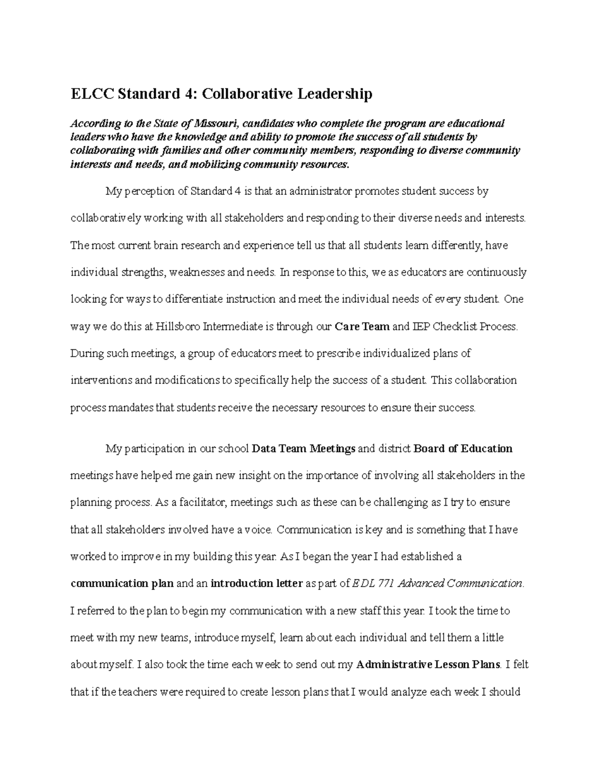 ELCC Standard 4 - None required - ELCC Standard 4: Collaborative ...