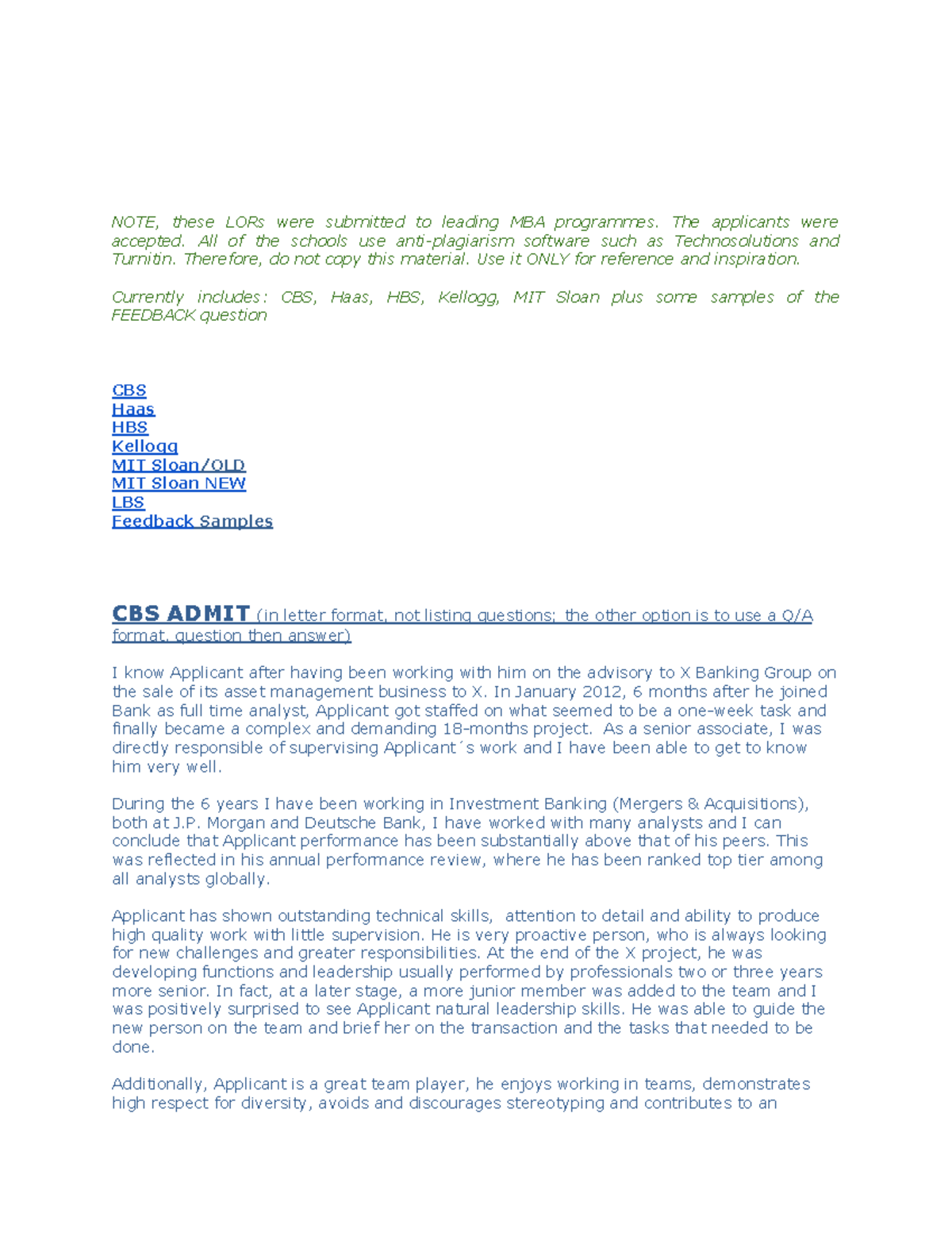 LOR Samples - NOTE, these LORs were submitted to leading MBA programmes ...