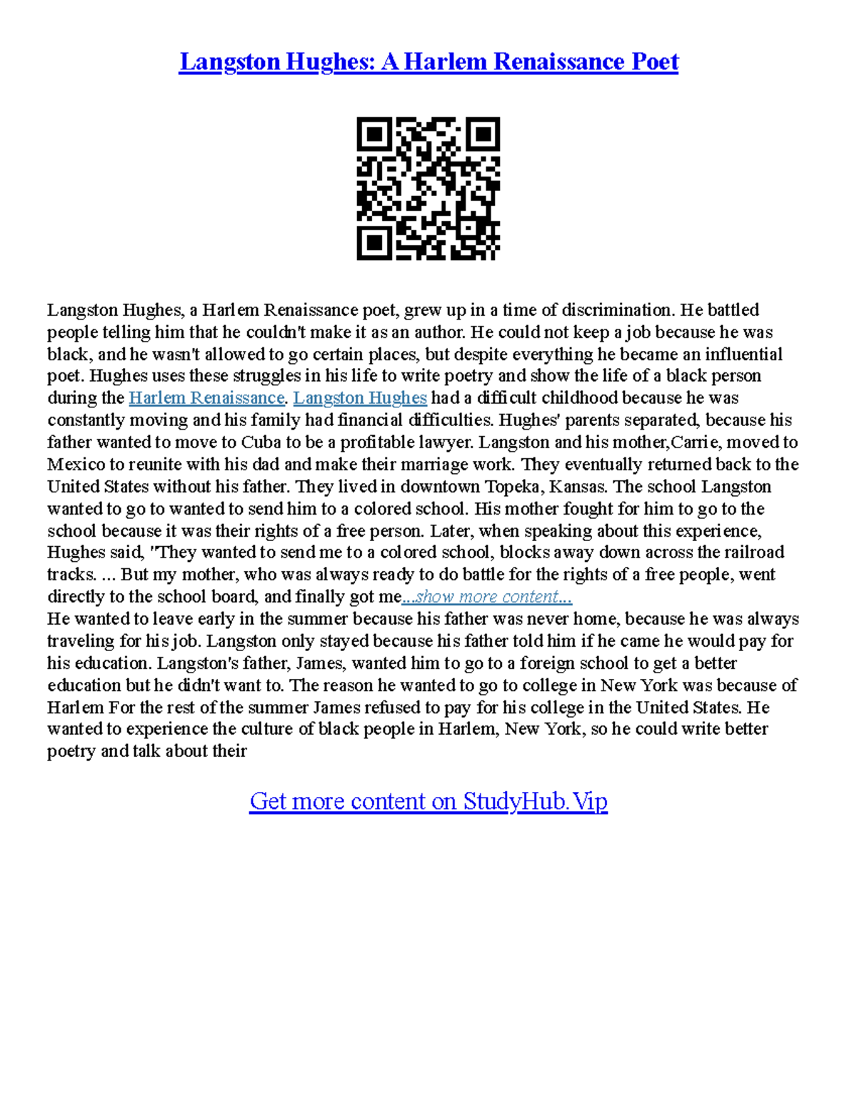 Langston Hughes Essay - Langston Hughes: A Harlem Renaissance Poet ...