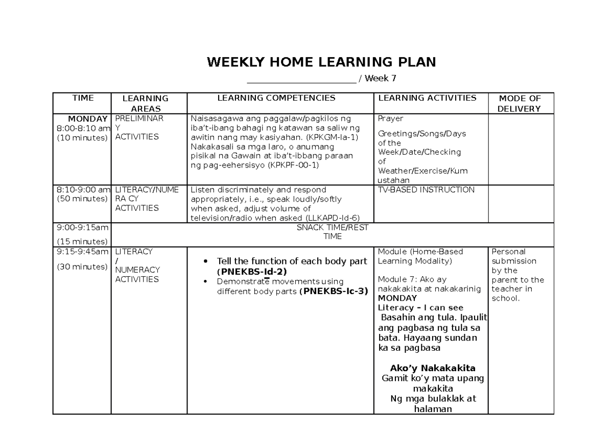 Weekly HOME Learning PLAN Week 7 - WEEKLY HOME LEARNING PLAN _________________________ / Week 7 ...