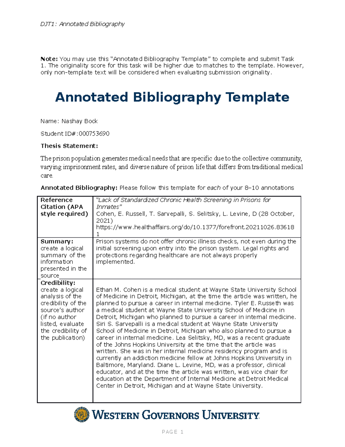 Annotated Bibliography completed - Note: You may use this “Annotated ...