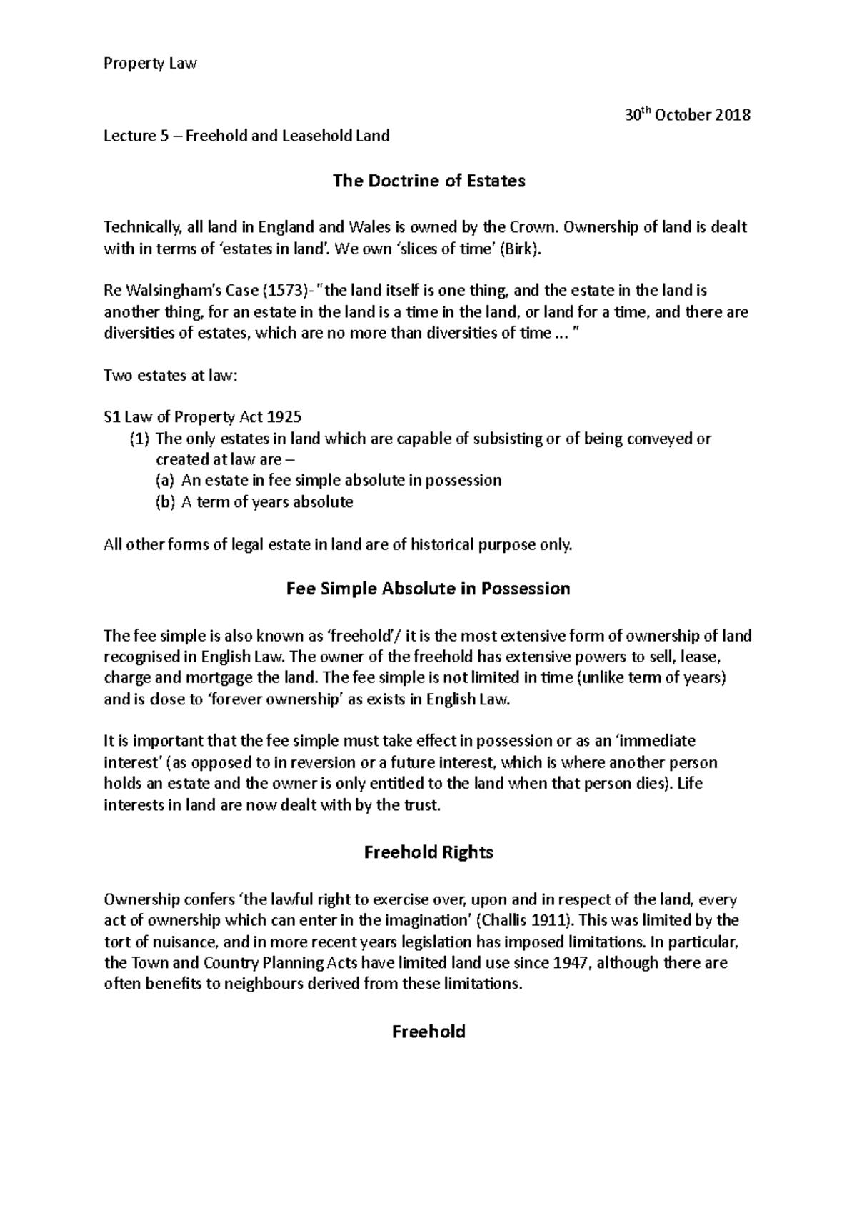 L5, Freehold and LEasehold - Property Law 30th October 2018 Lecture 5 ...