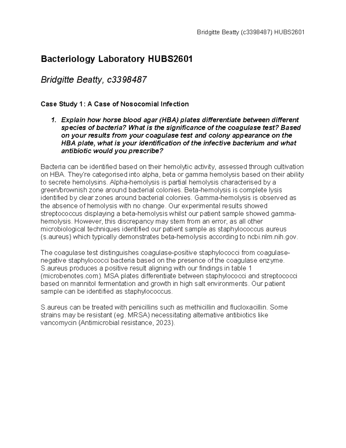 HUBS 2601 bacteriology lab report - Bacteriology Laboratory HUBS ...