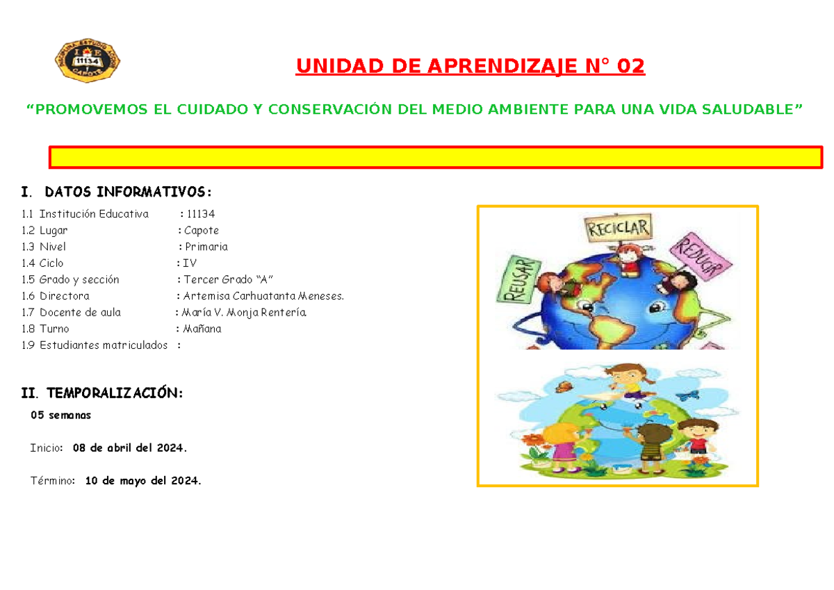 Unidad DE Apren. N° 02 EL Medio Ambiente - UNIDAD DE APRENDIZAJE N° 02 ...