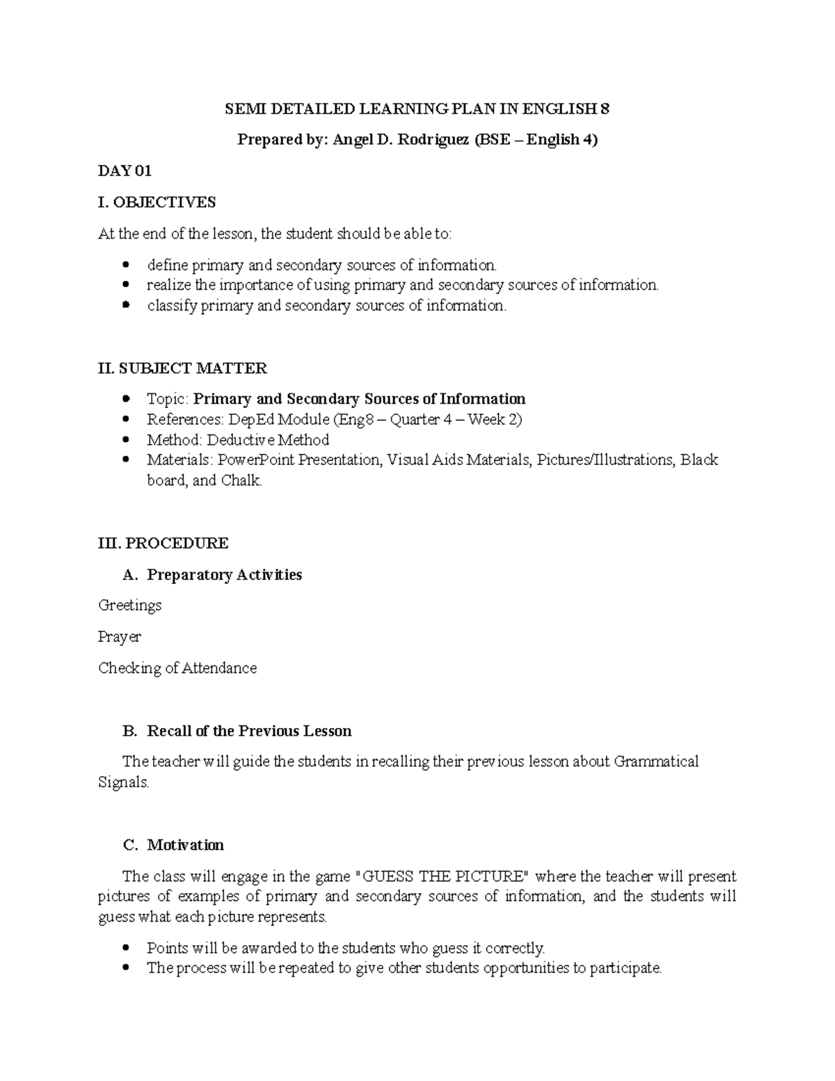 Grade 8 Primary and Secondary Sources of Information (DAY 01) - SEMI ...