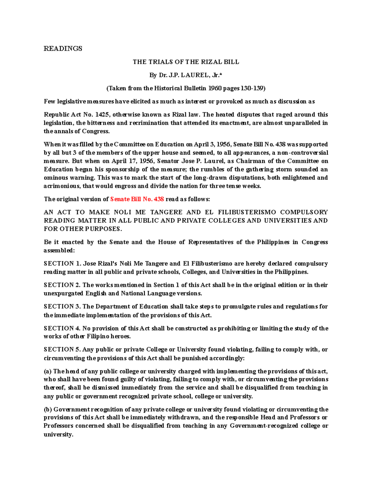 Rizal-Reading-Activity - READINGS THE TRIALS OF THE RIZAL BILL By Dr. J ...