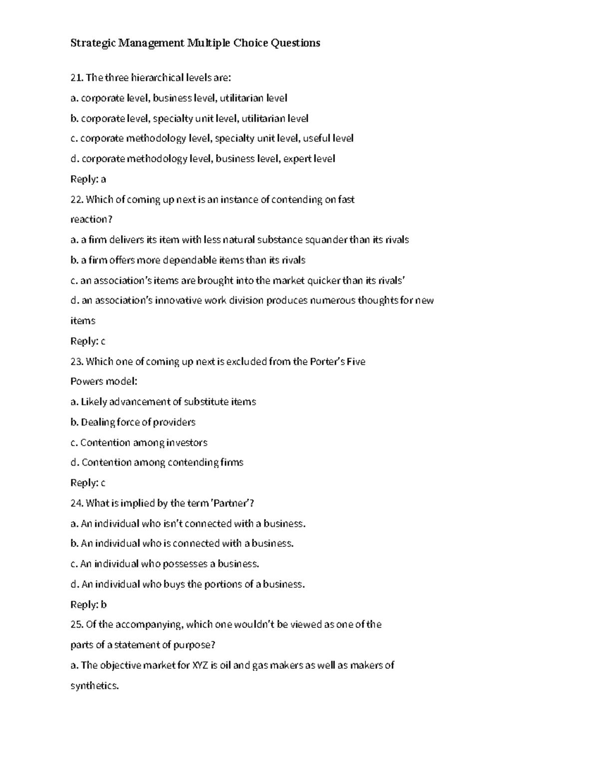 ADMN 2556 Strategic Management Multiple Choice Questions #21#40 - The ...