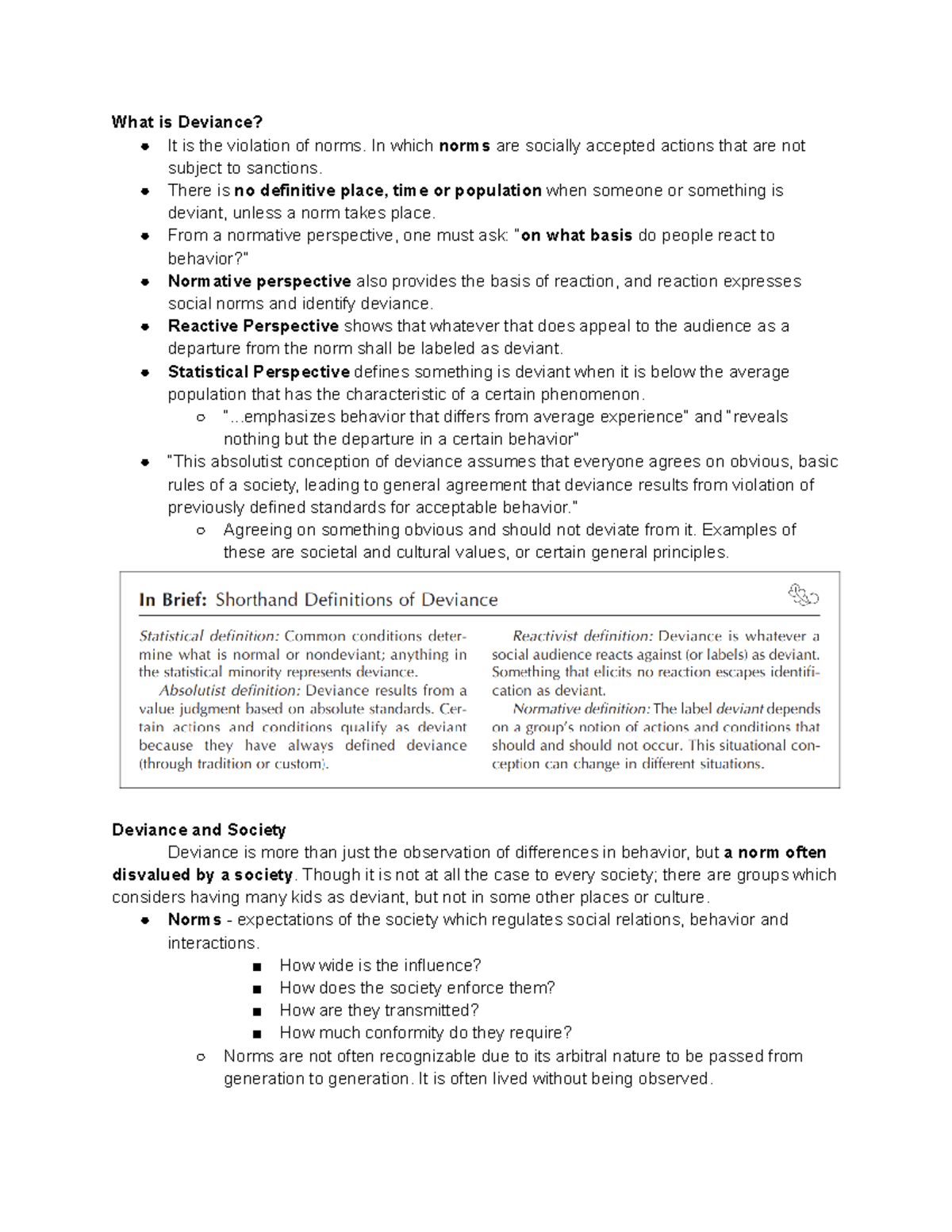 Sociology on Deviant Behaviors F - What is Deviance? It is the ...
