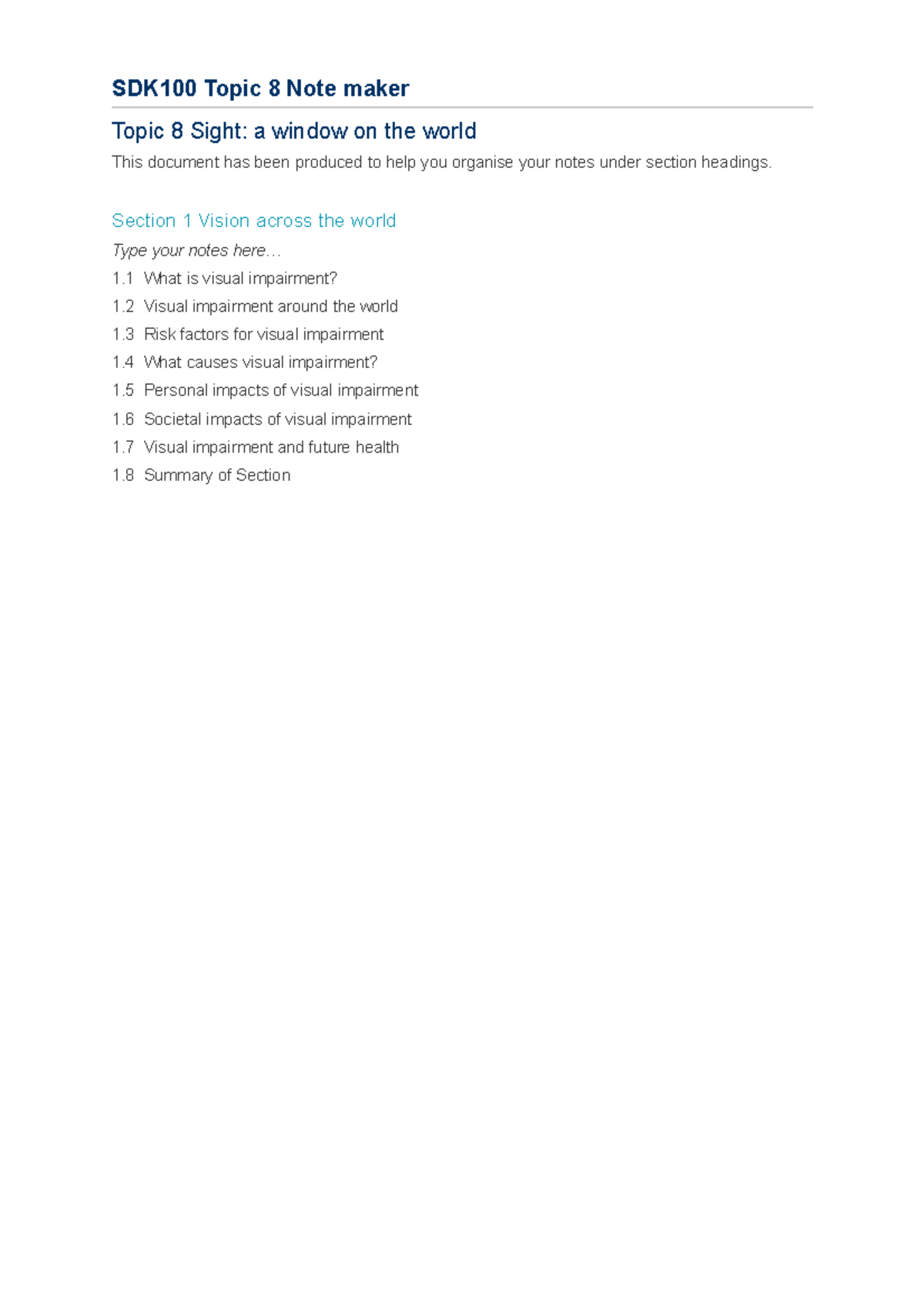 Notemaker for Topic 8 Sight a window on the world 18J - SDK100 Topic 8 Note maker Topic 8 Sight ...