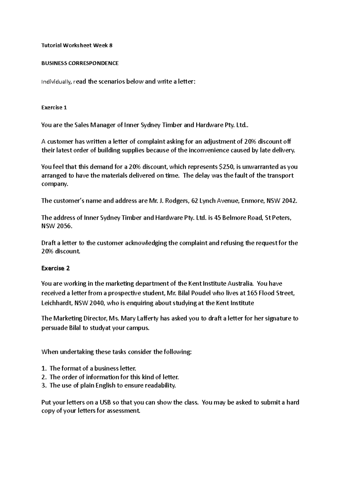 Atul Sharma K2004 36 Week 8 - Tutorials (Chapter 19 20) - Tutorial Worksheet Week 8 BUSINESS ...