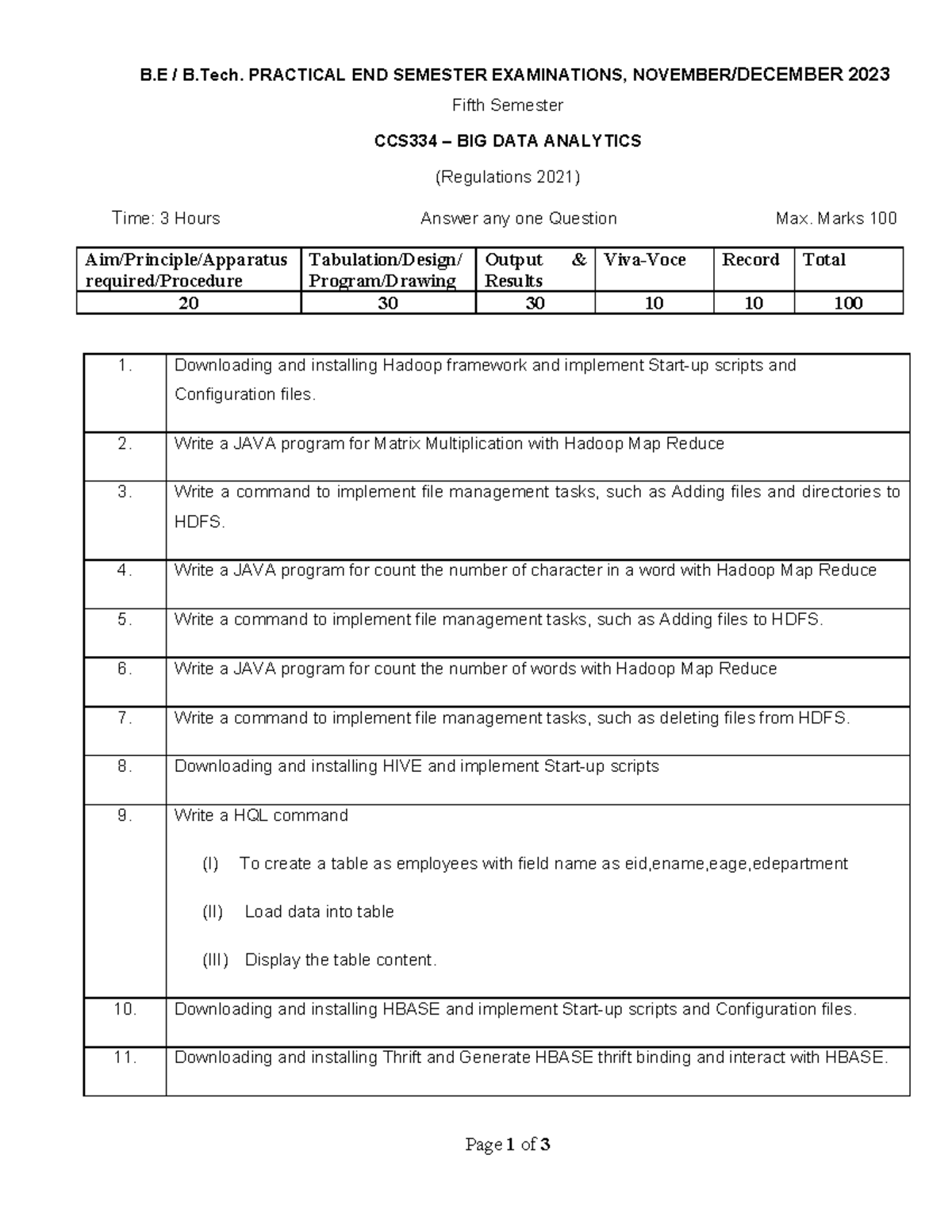 CCS334 Question Set for Print - Page 1 of 3 B / B. PRACTICAL END SEMESTER EXAMINATIONS, - Studocu