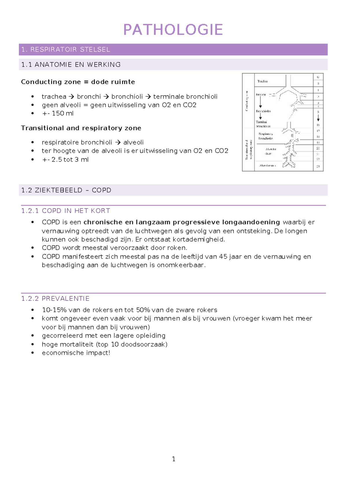 Samenvatting Pathologie - PATHOLOGIE 1. RESPIRATOIR STELSEL 1 ANATOMIE EN WERKING Conducting ...
