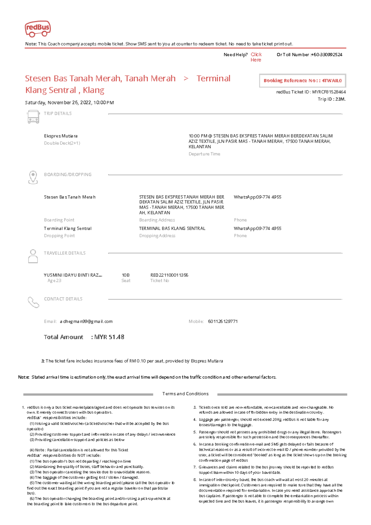Ticket - Halu - Stesen Bas Tanah Merah, Tanah Merah > Terminal Klang ...