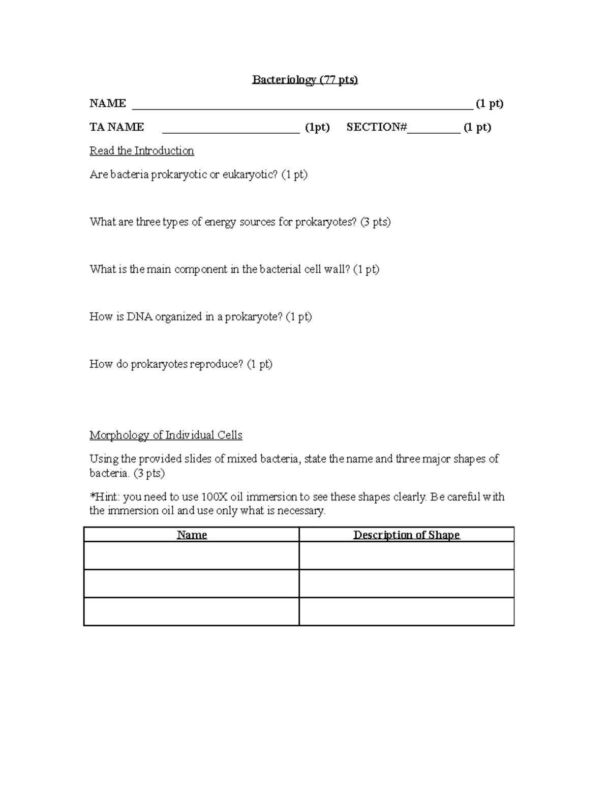 Bacteriology S23 Worksheet - Bacteriology (77 pts) NAME - Studocu