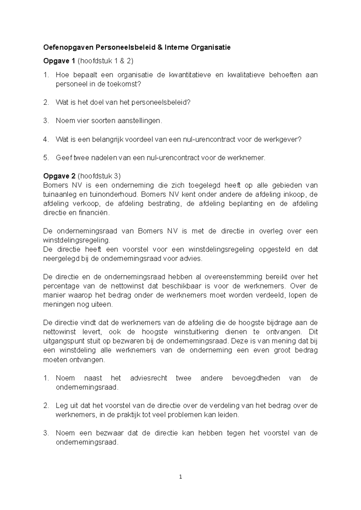 Oefenopgaven Personeelsbeleid en Interne Organisatie - Oefenopgaven ...