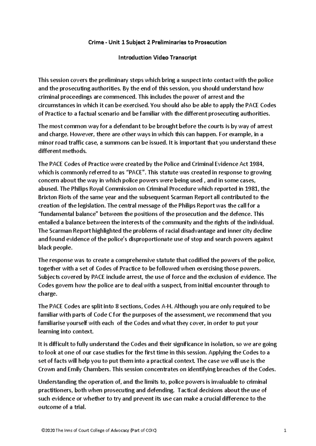 1. Introduction Video Transcript Crime U1S2 - ©2020 The Inns of Court ...