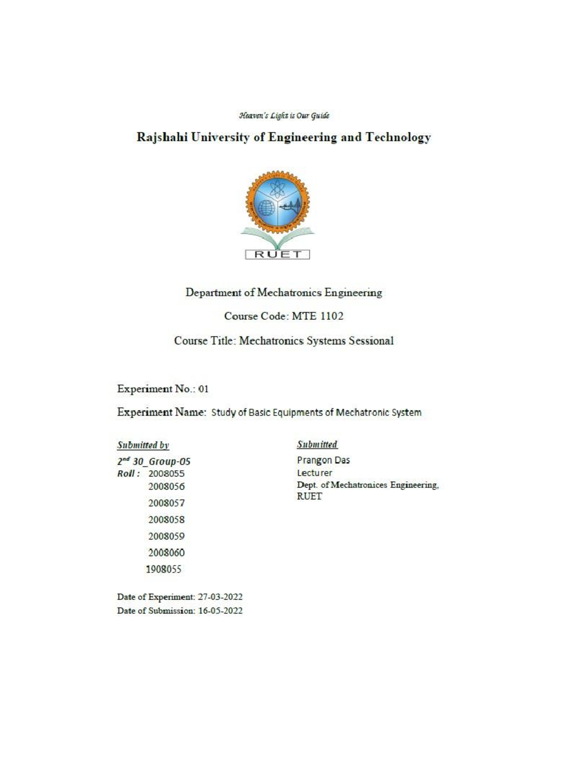 Mechatronics Controller Sensors - Experiment No: 01 Name of the ...