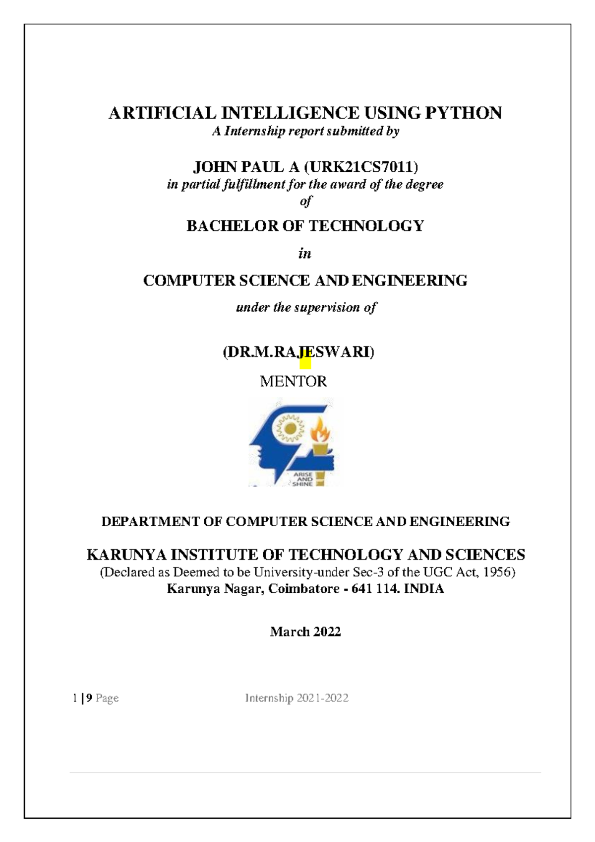 JOHN PAUL Report - It is a matter of pride and privilege for me to have ...