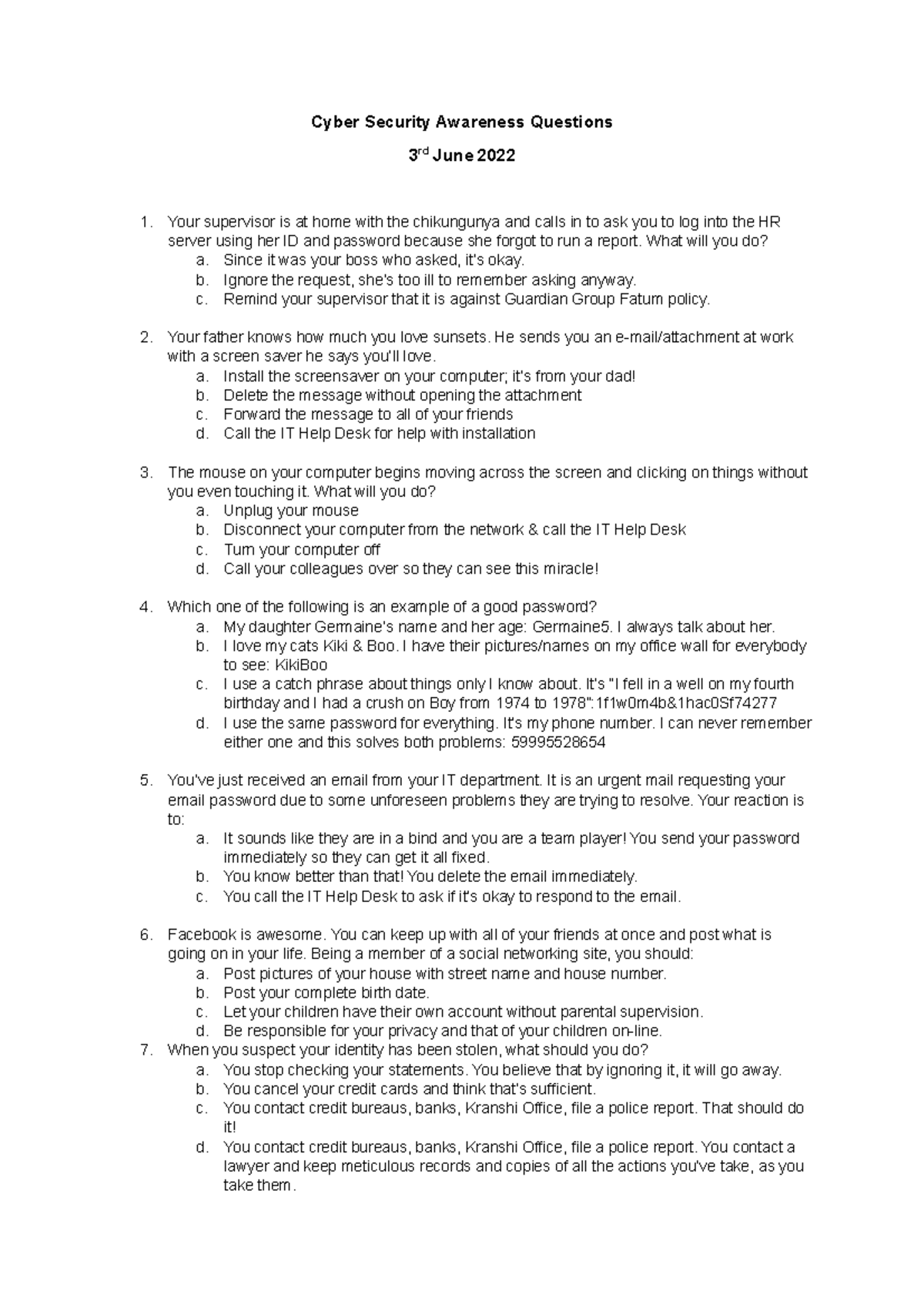 Cyber Security Questions Cyber Security Awareness Questions 3 Rd June
