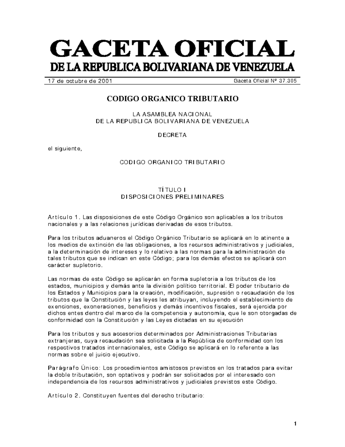 Codigo Organico Tributario - 17 de oct ubre de 2001 Gacet a Oficial Nº ...