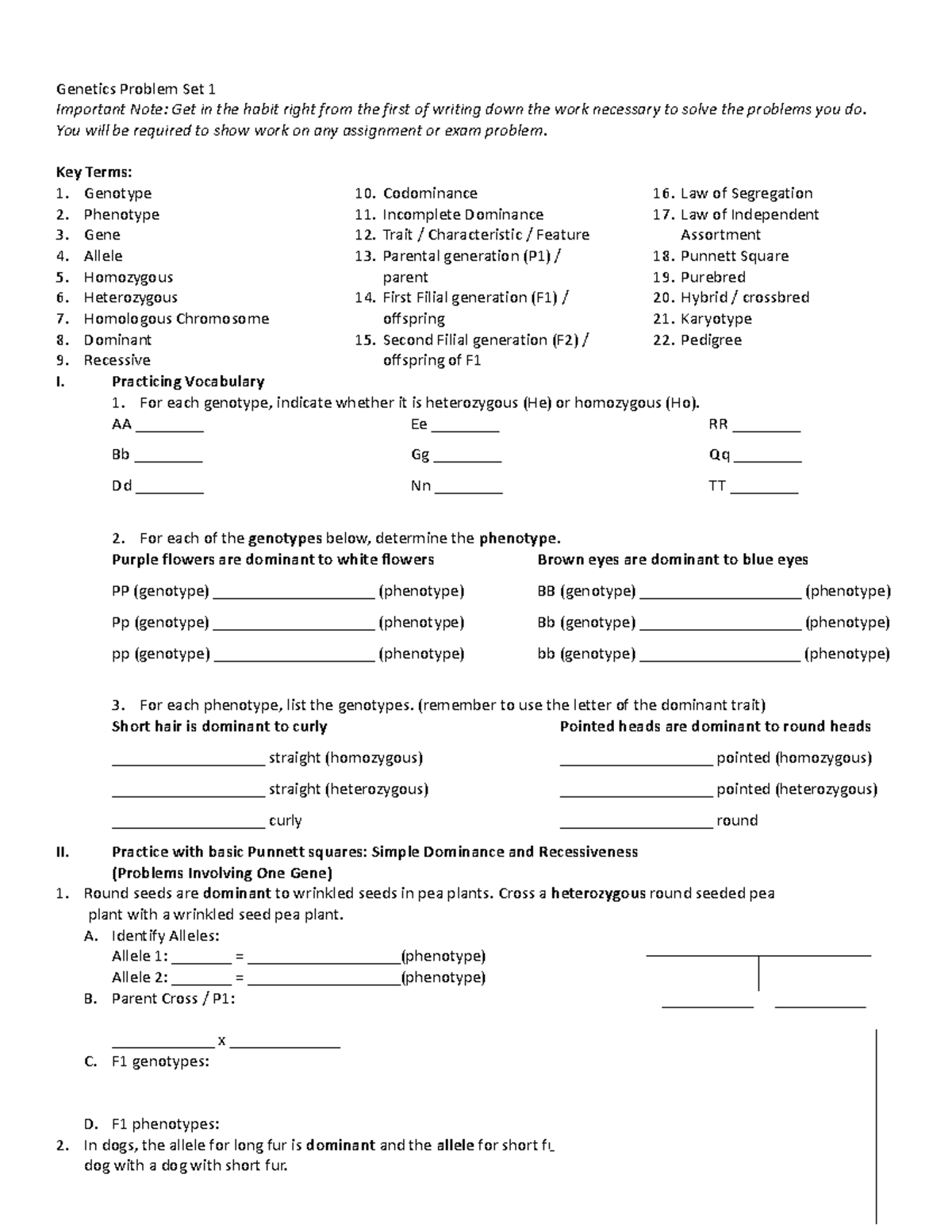 Genetic Practice Problems - Genetics Problem Set 1 Important Note: Get ...
