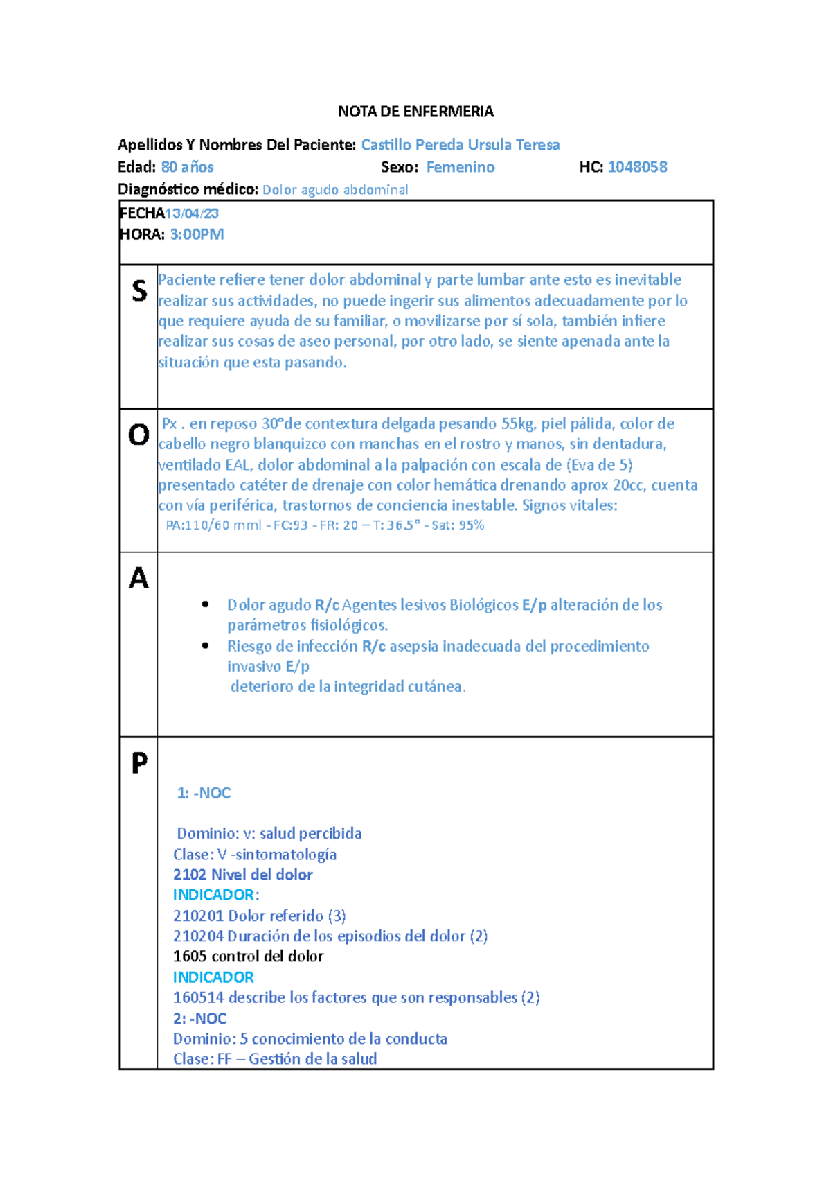 Formato Soapie UL - NOTA DE ENFERMERIA Apellidos Y Nombres Del Paciente ...