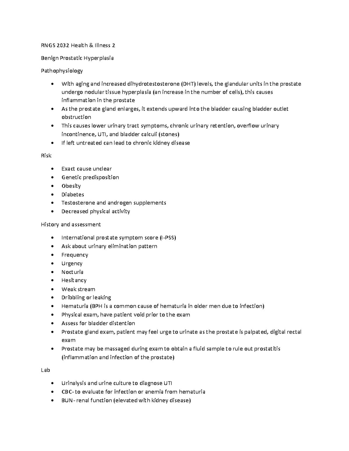 BPH Lecture Notes - RNGS 2032 Health & Illness 2 Benign Prostatic ...