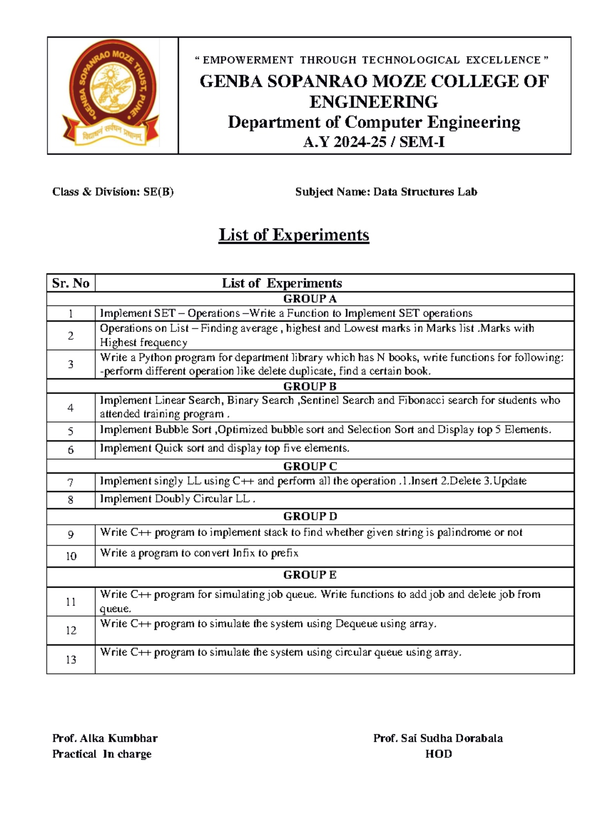 FDS Practical List 2024-25 - Class & Division: SE(B) Subject Name: Data Structures Lab List of ...