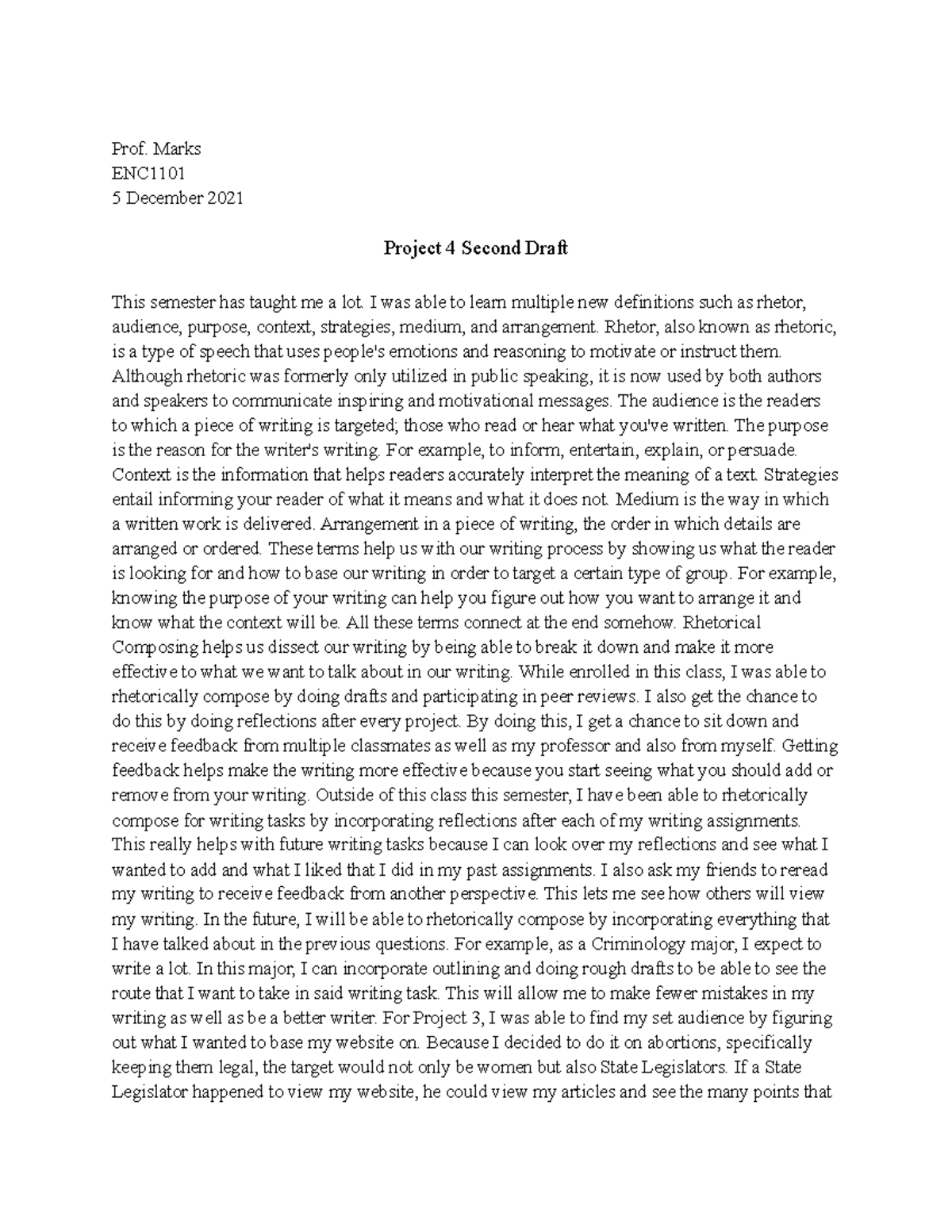 Project 4 Second Draft - Gina Marks - Prof. Marks ENC 5 December 2021 ...