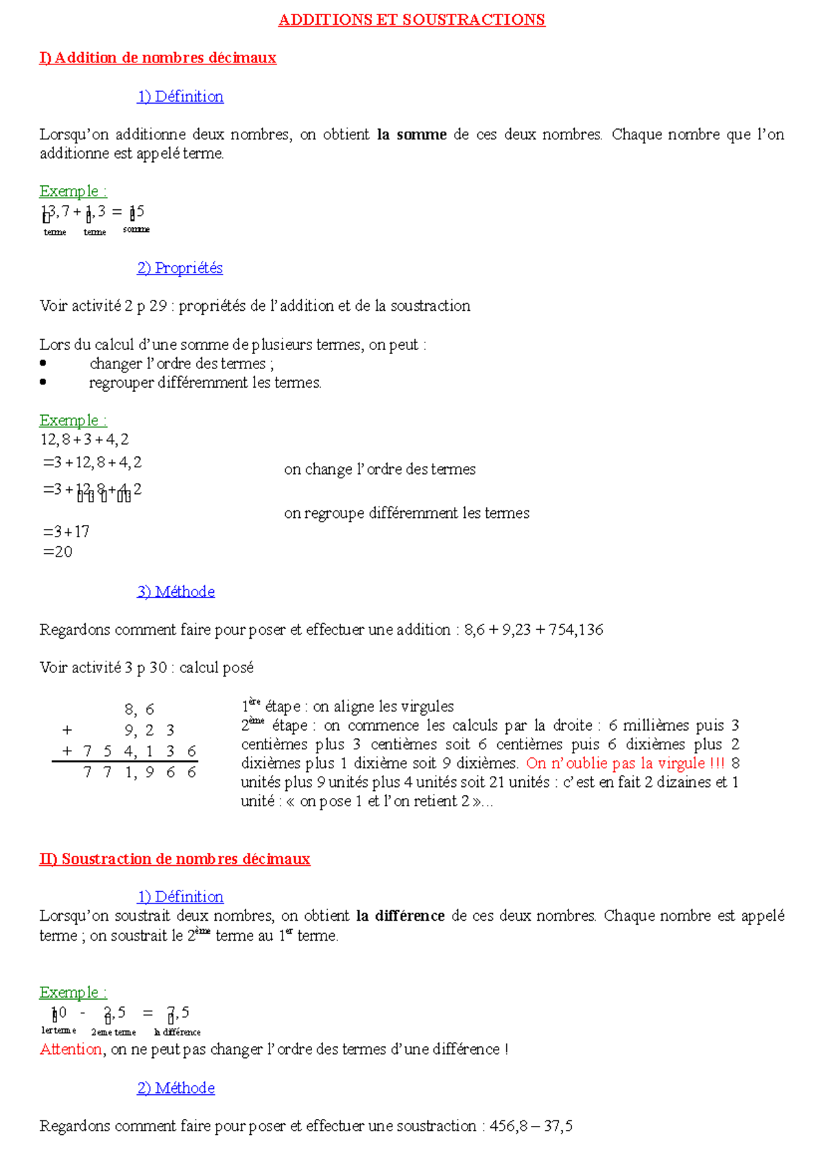 Addition et soustraction - ADDITIONS ET SOUSTRACTIONS I) Addition de ...