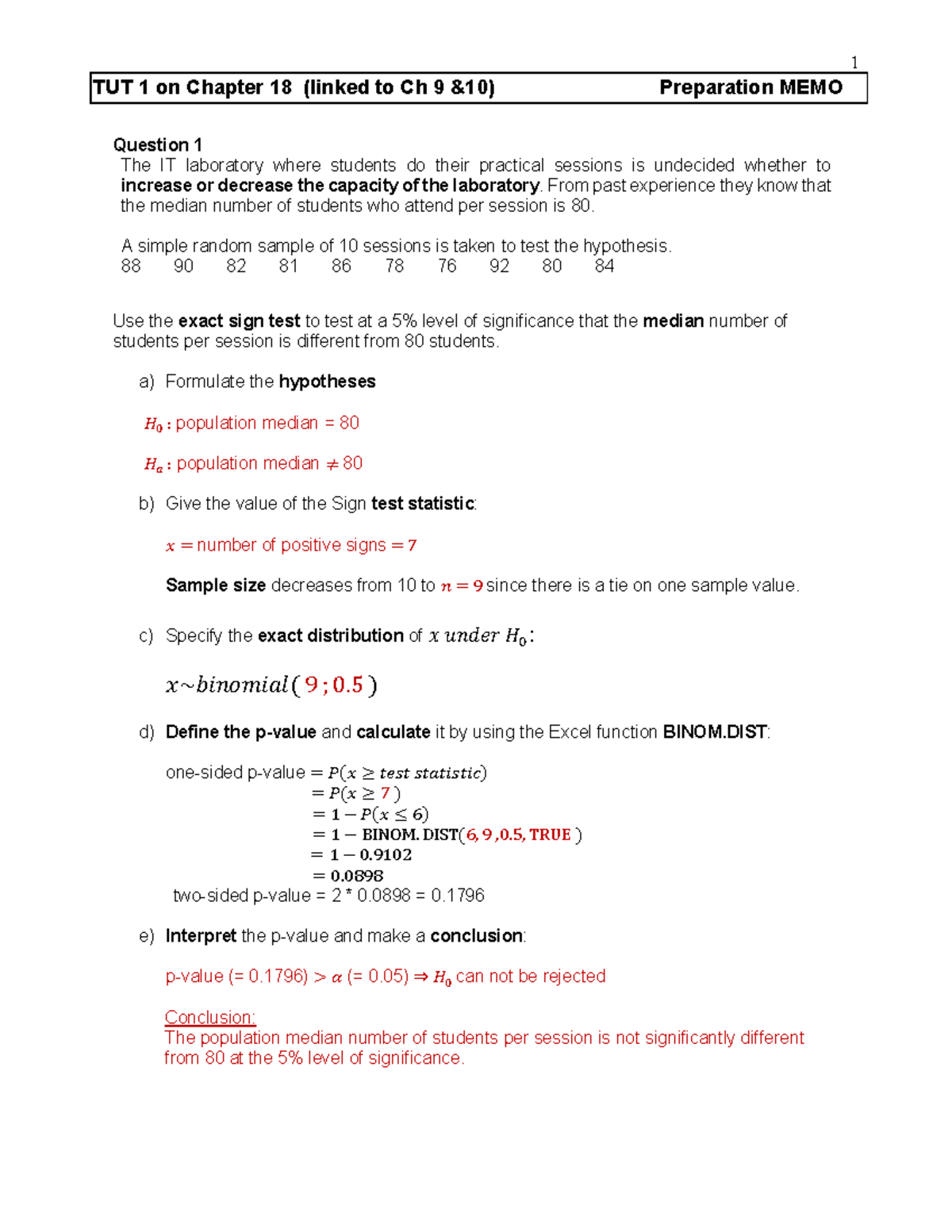 STK120-161 TUT 1 Preparation - Ch 18 -linked to Ch 9 & 10 - MEMO - 2024 - 1 TUT 1 on Chapter 18 ...