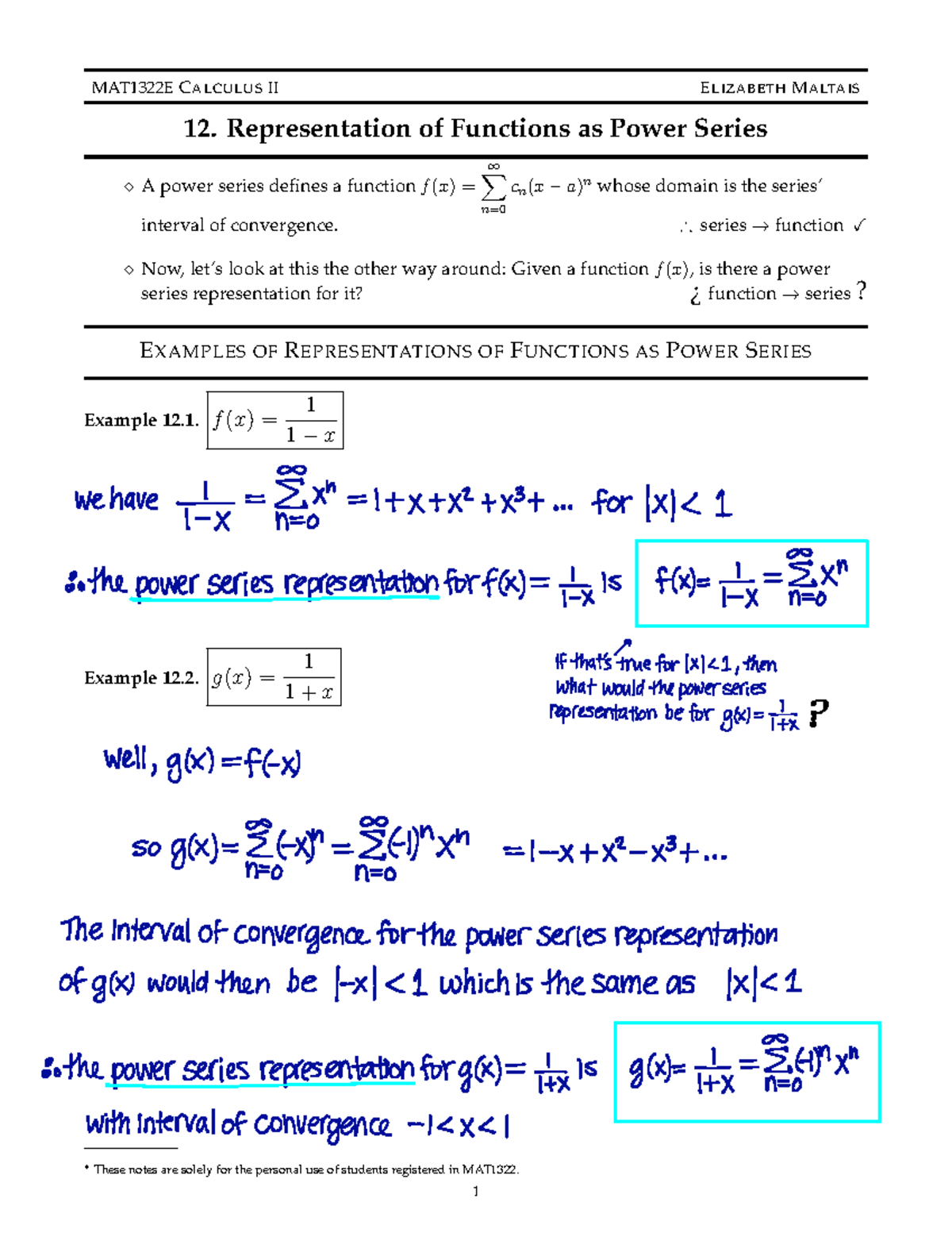 Power series representation - MAT1322E C ALCULUS II E LIZABETH M ALTAIS ...