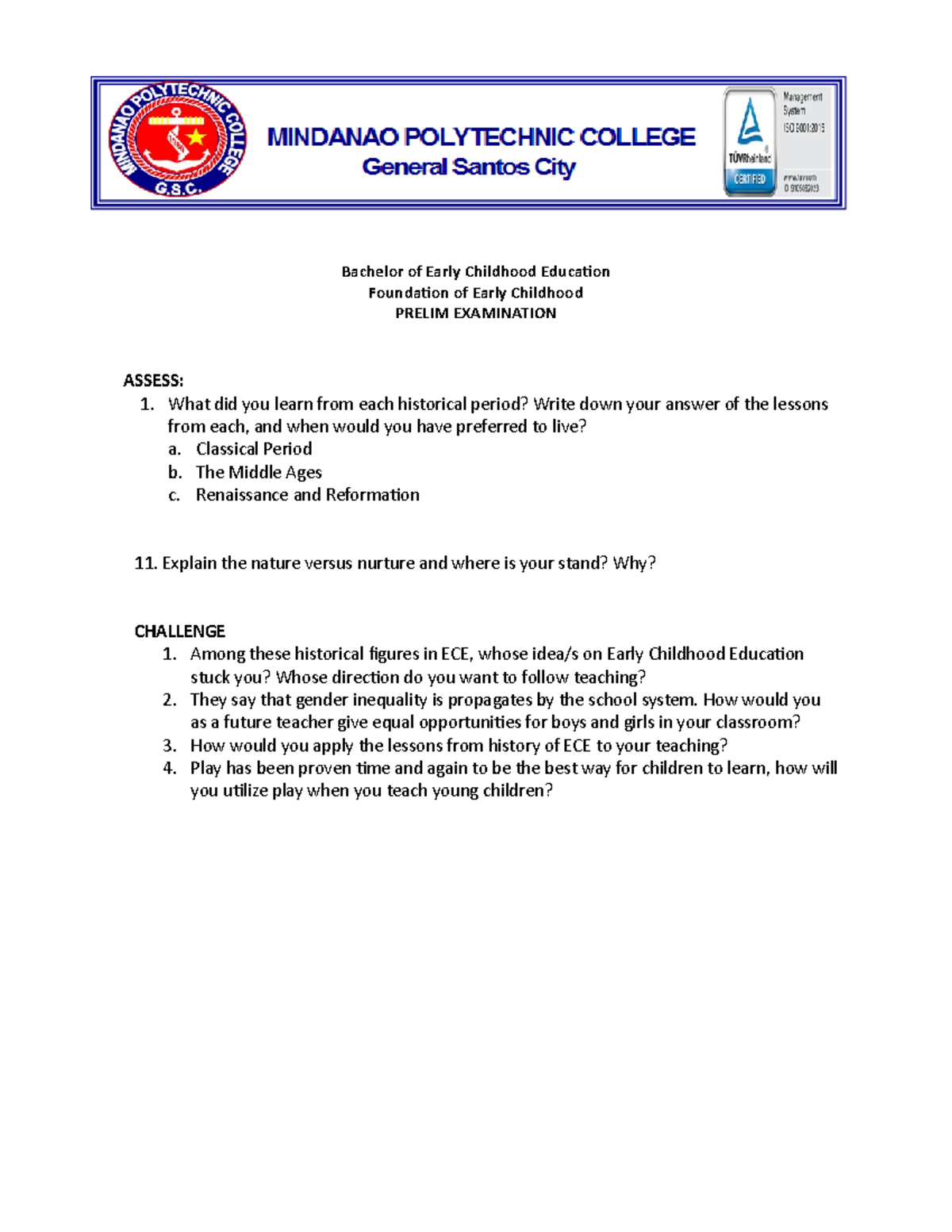 Assessment of Learning Prelim Exam - Bachelor of Early Childhood ...