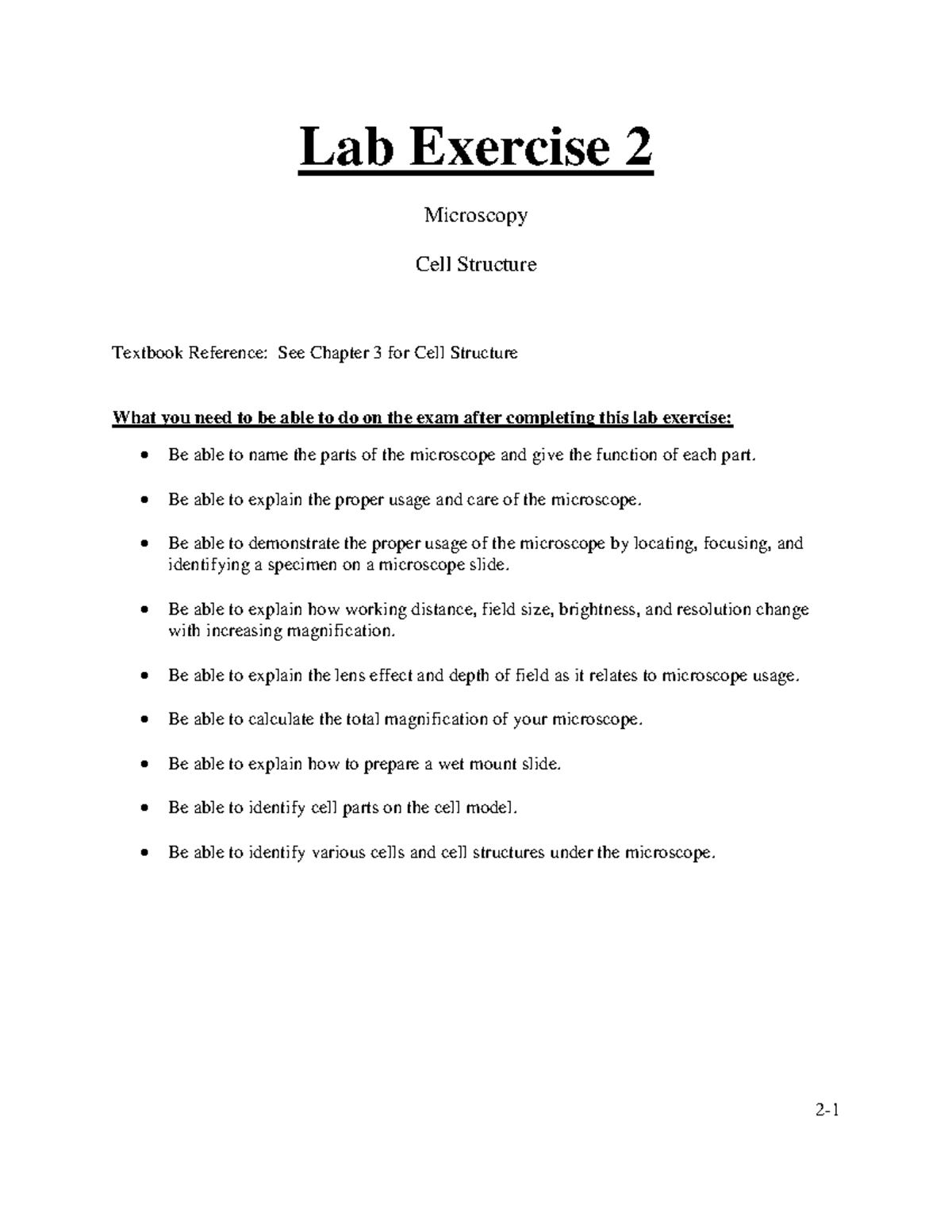 137labexercise 2 - Lab report - Lab Exercise 2 Microscopy Cell Structure Textbook Reference: See ...