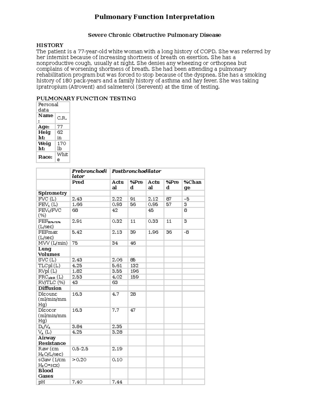 Pulmonary Function Interpretation - She was referred by her internist ...