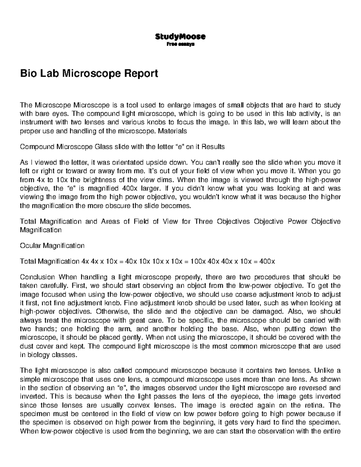 Bio Lab Microscope Report - The compound light microscope, which is ...