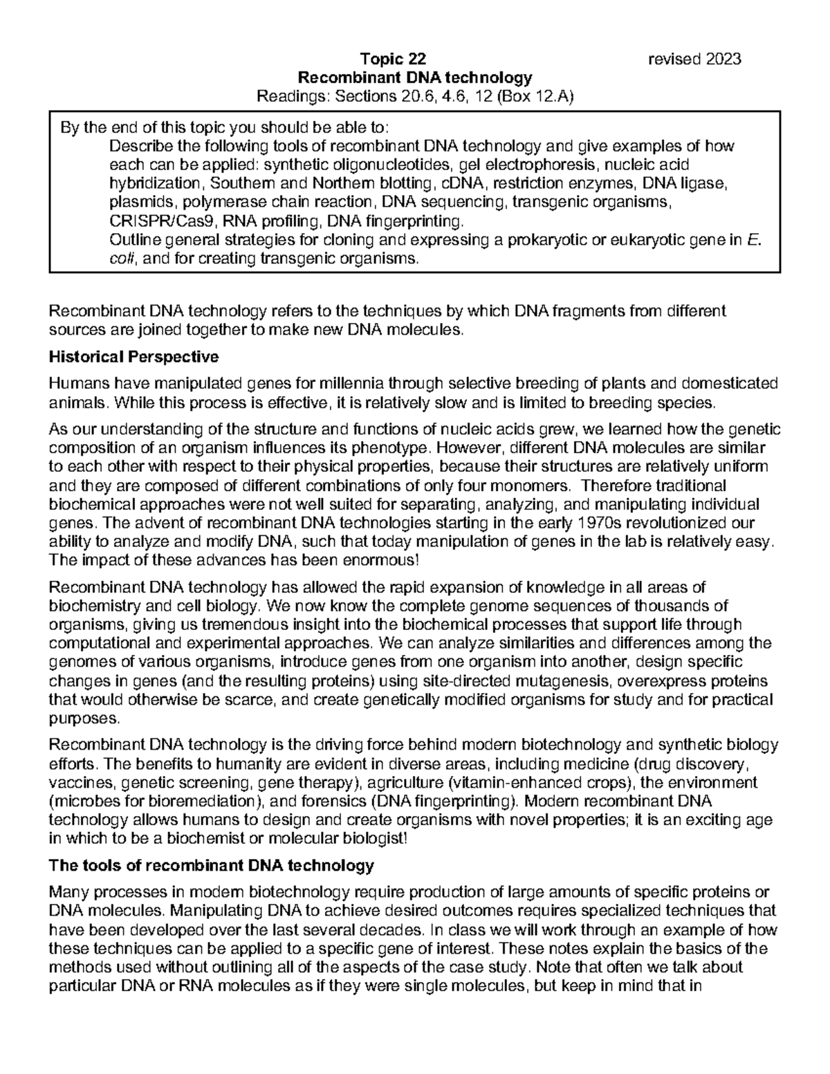 Topic 22 Lecture Notes 23 - Topic 22 revised 20 23 Recombinant DNA ...