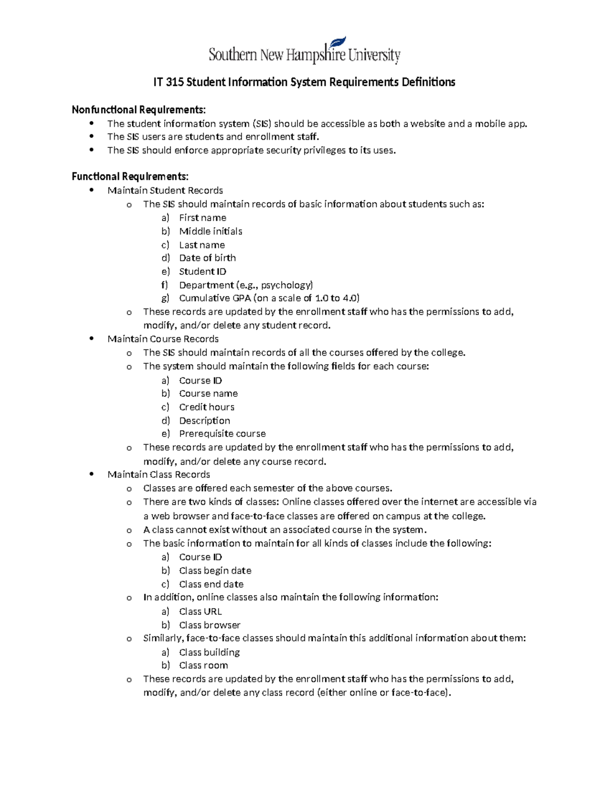 It315 student information system requirements definitions - IT 315 ...