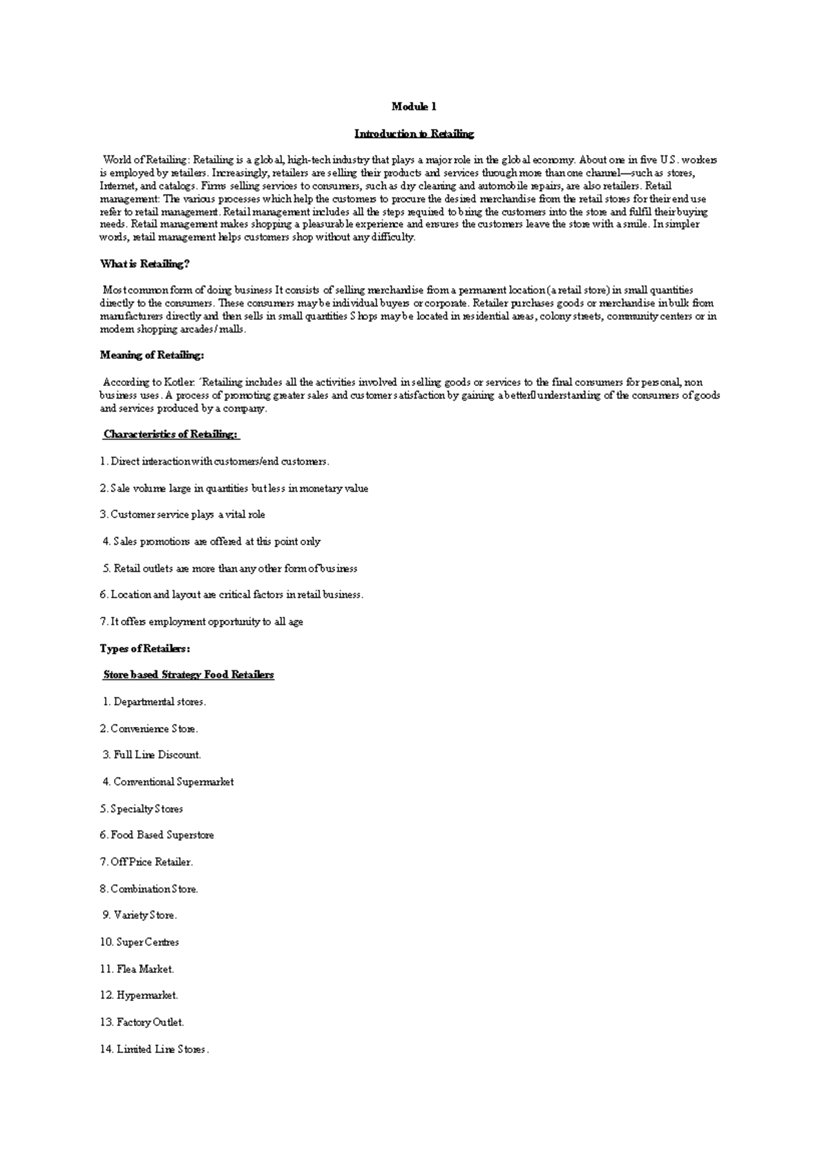 RM notes - Module 1 Introduction to Retailing World of Retailing ...