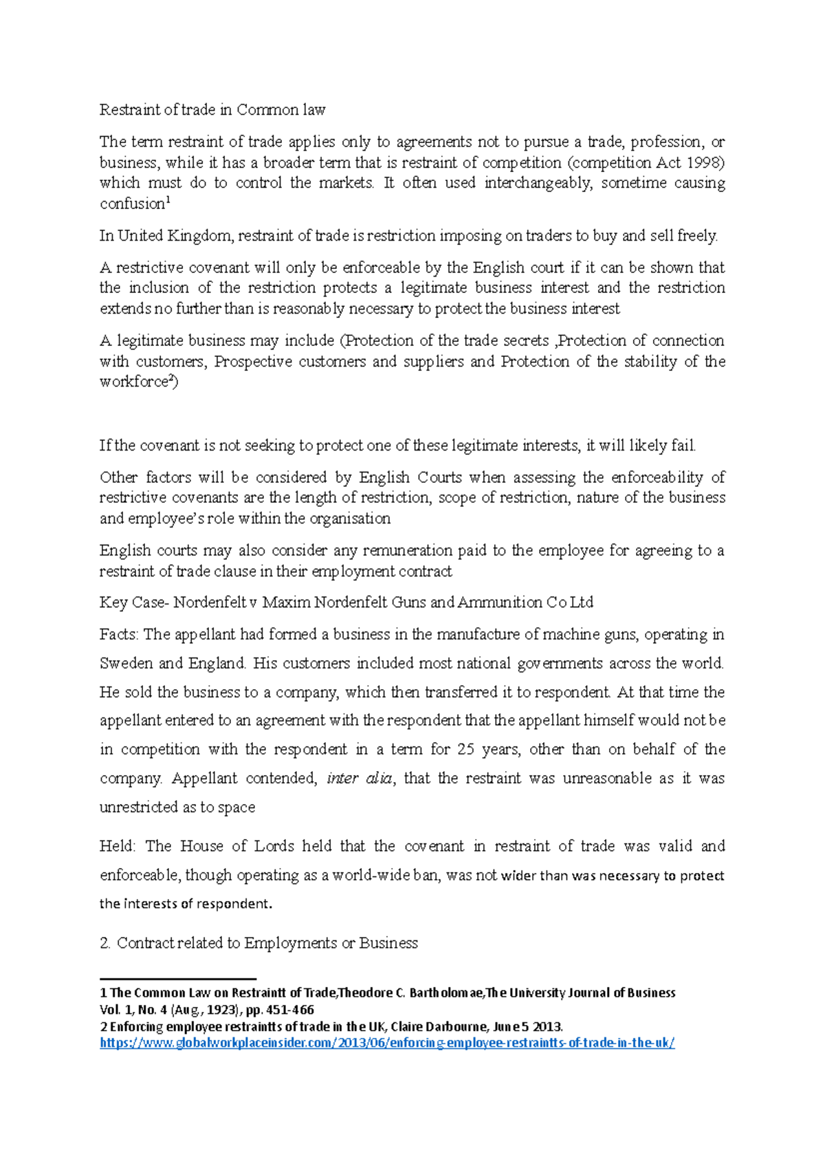 Contract law Assignment (jiawei) - Restraint of trade in Common law The ...