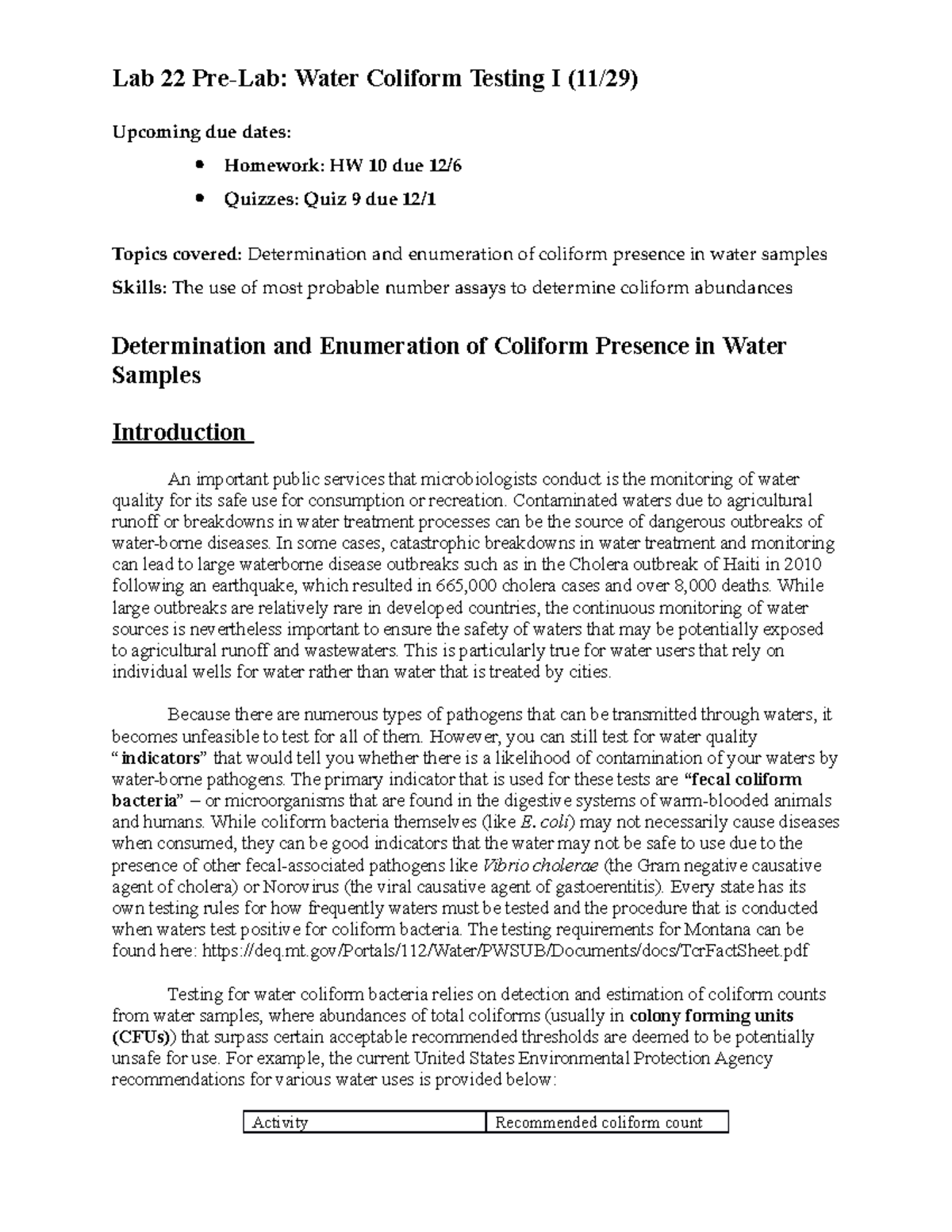 Prelab 22 Water coliform testing - BIOM 360 - MSU - Studocu