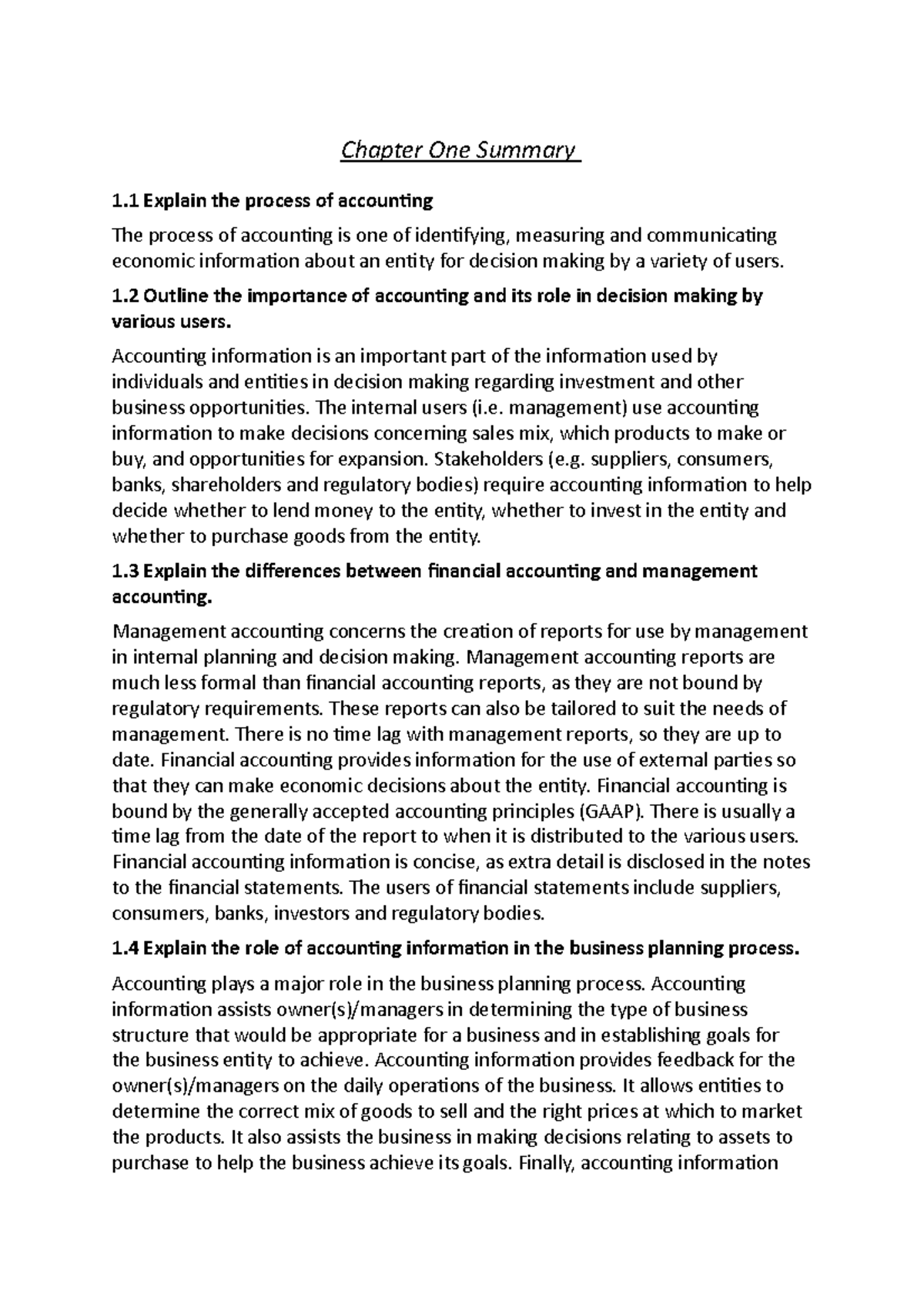 Chapter One Summary Textbook summary - Chapter One Summary 1 Explain ...